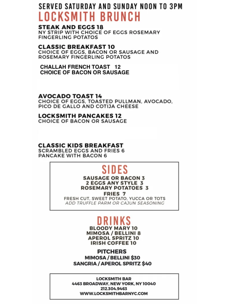 TAKE OUT MENU — Locksmith Bar
