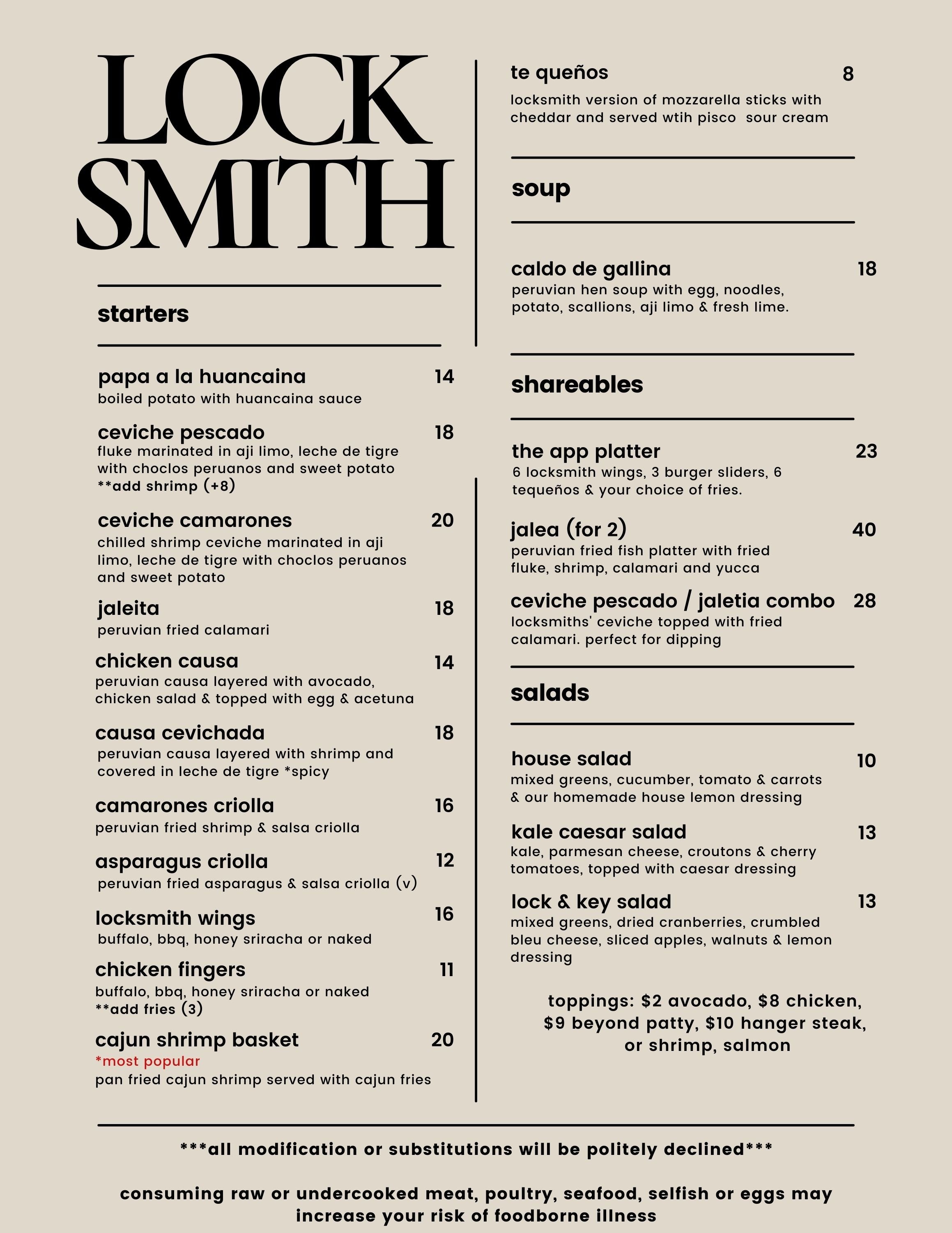Food Menu — Locksmith Bar