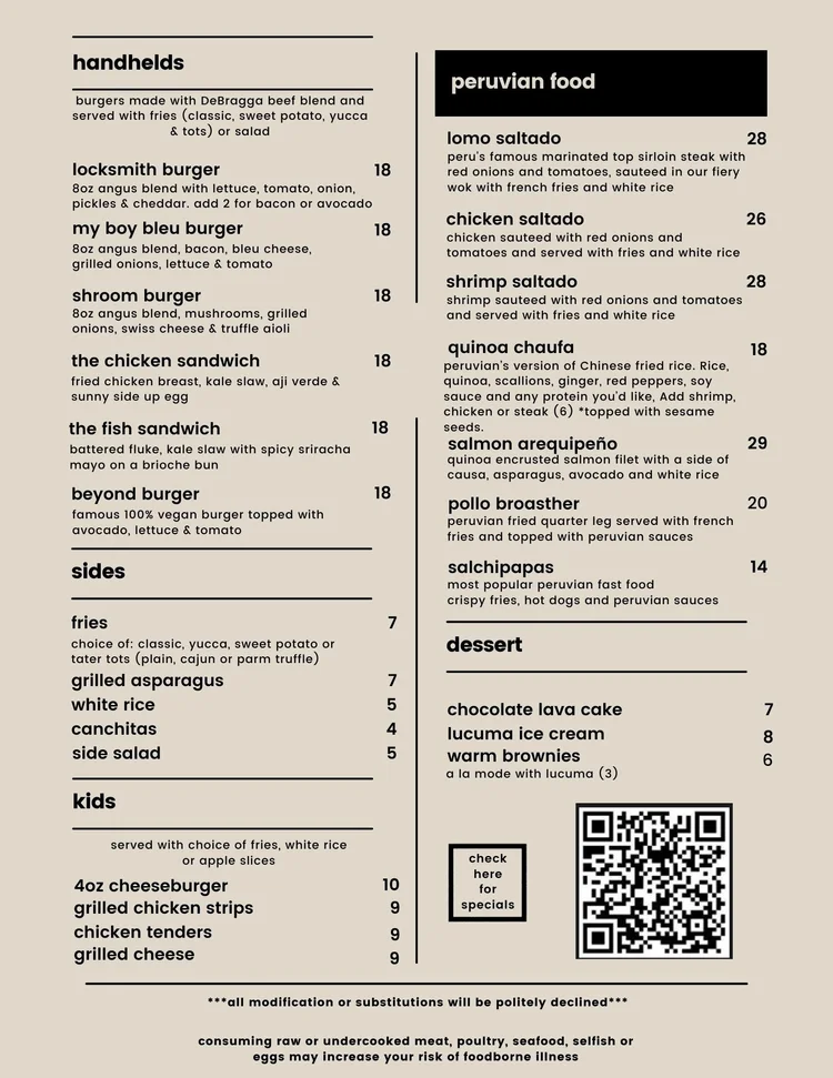 TAKE OUT MENU — Locksmith Bar