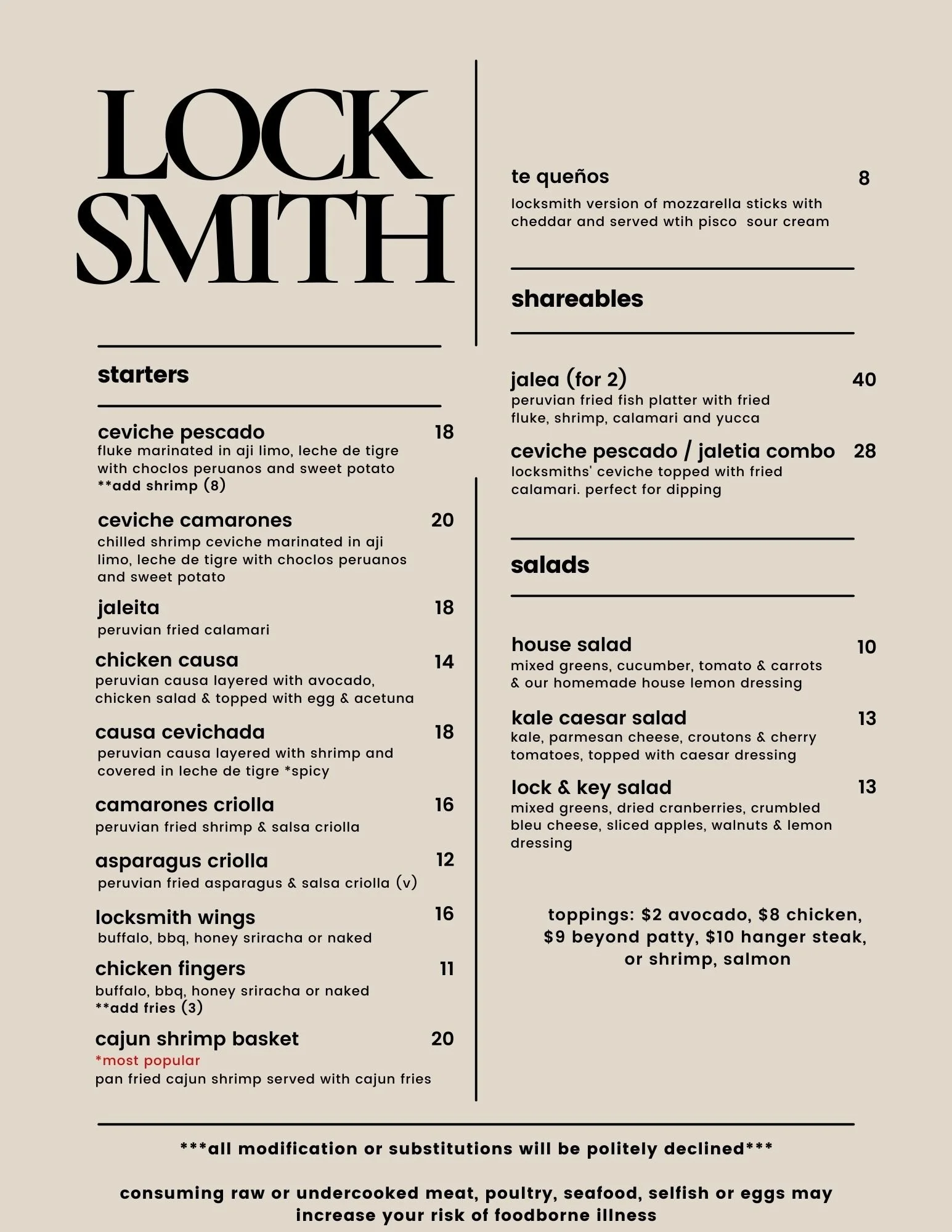 MENUS — Locksmith Bar