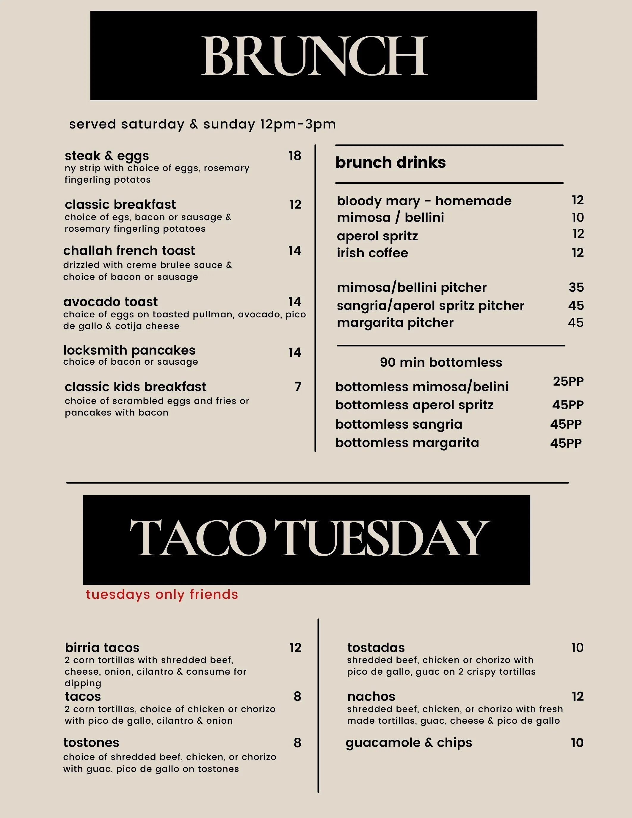 TAKE OUT MENU — Locksmith Bar