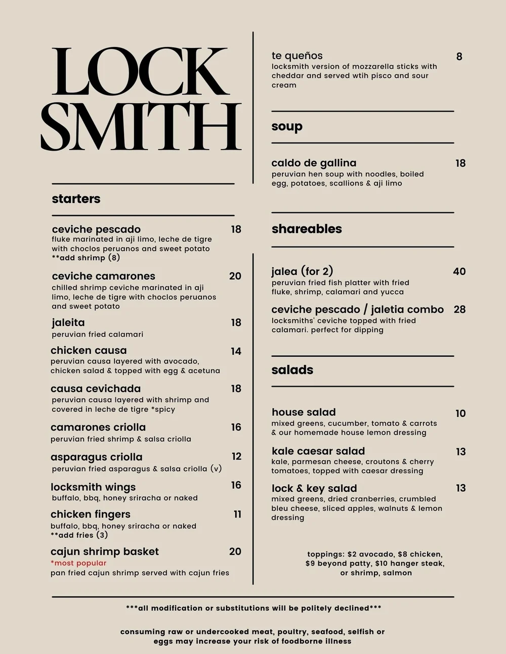 TAKE OUT MENU — Locksmith Bar