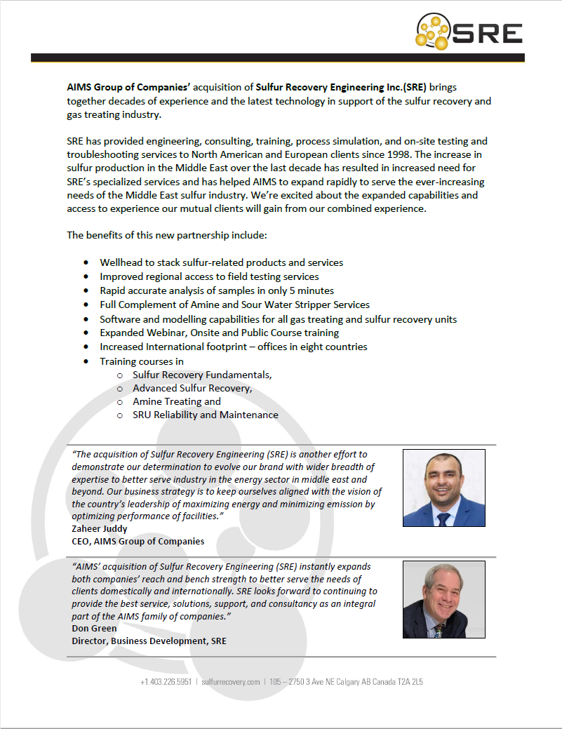 Announcements — Sulfur Recovery Engineering Inc.