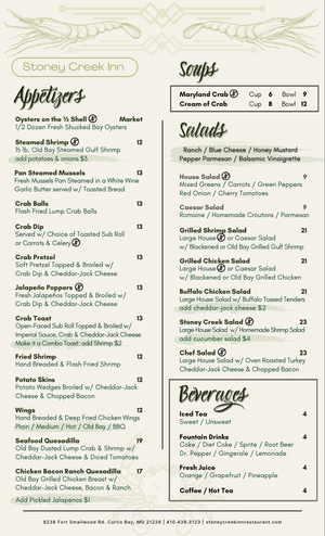 Menu | Stoney Creek Inn | Family Restaurant | Greenland Beach, MD
