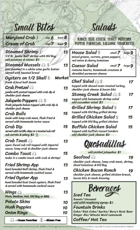 Menu | Stoney Creek Inn | Family Restaurant | Greenland Beach, MD