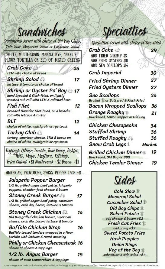 Menu | Stoney Creek Inn | Family Restaurant | Greenland Beach, MD