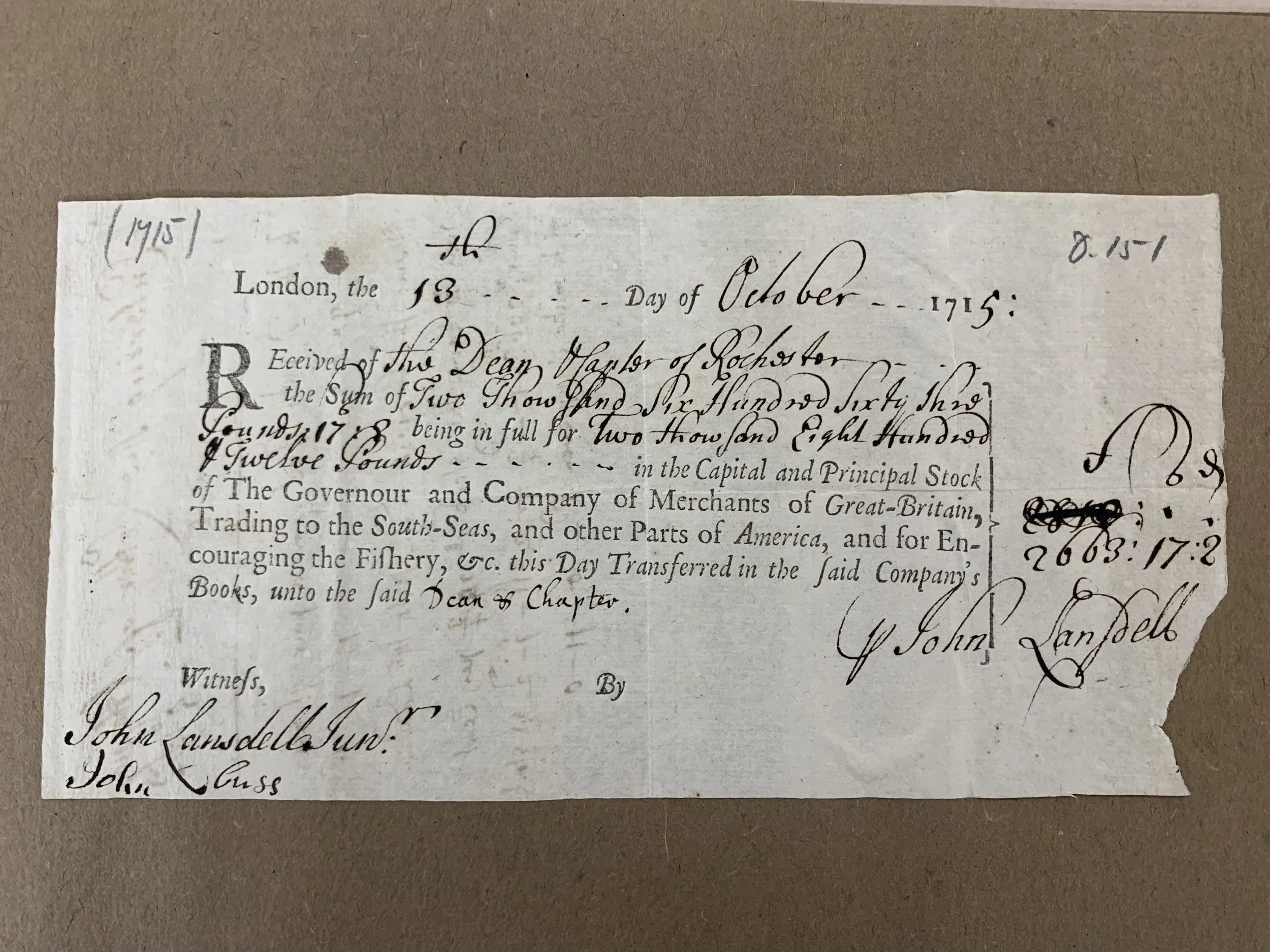 Investments in the South Sea Company by the Dean & Chapter of Rochester ...