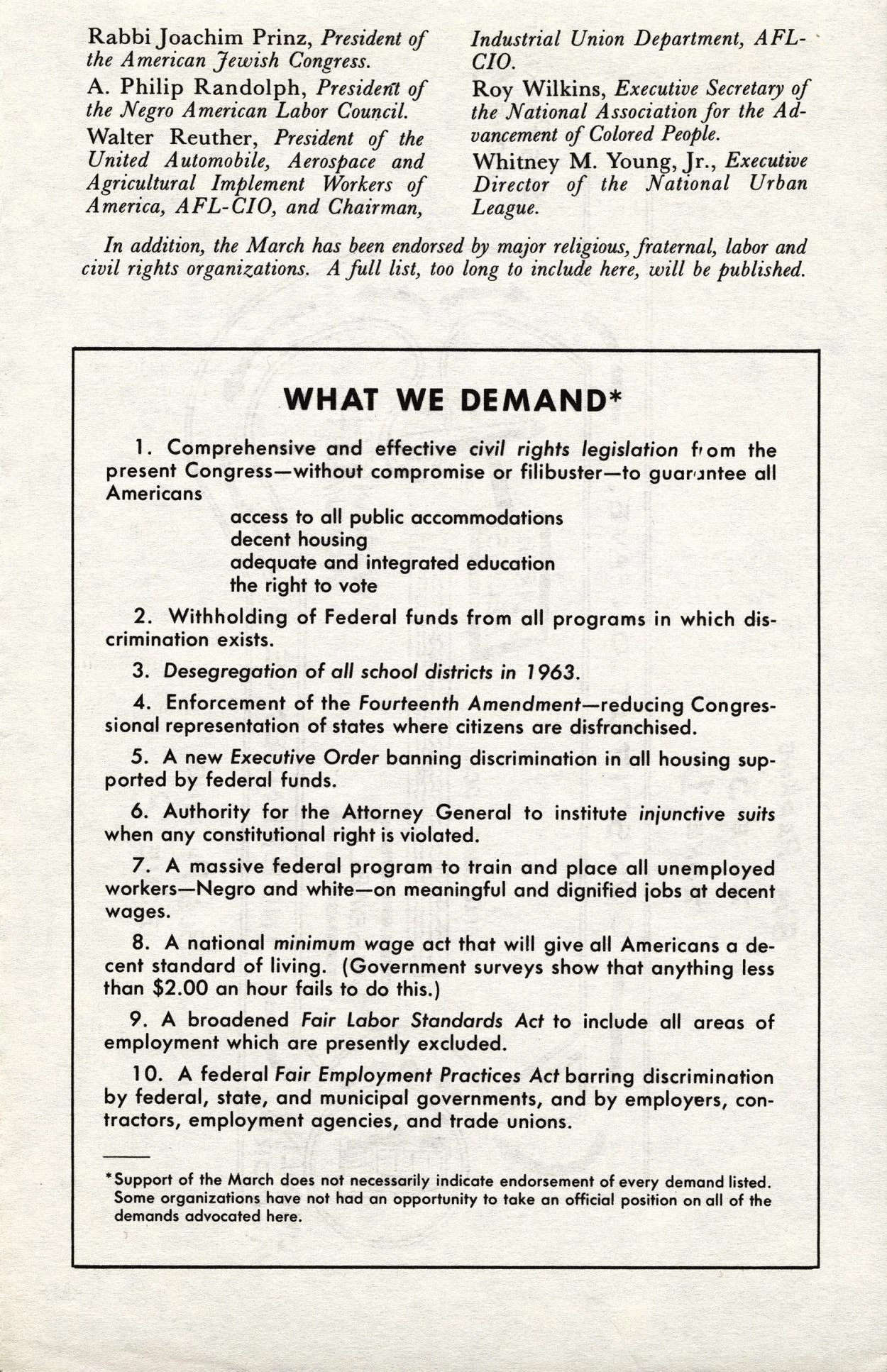 1963 March on Washington for Jobs and Freedom Statement and Demands ...