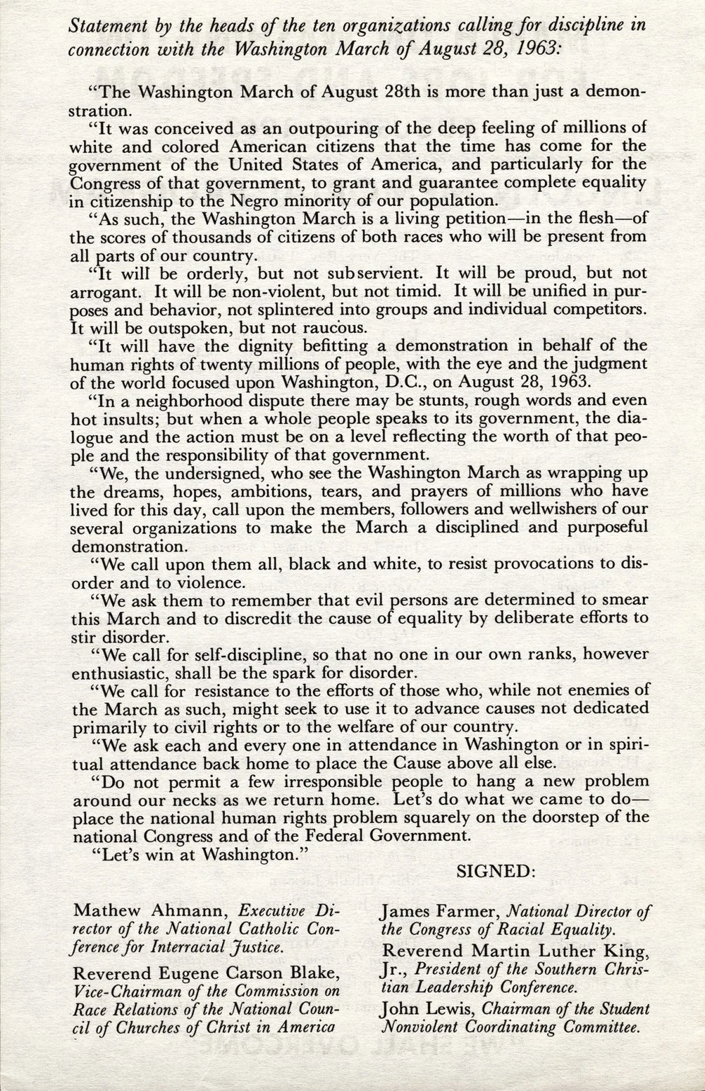 1963 March on Washington for Jobs and Freedom Statement and Demands ...