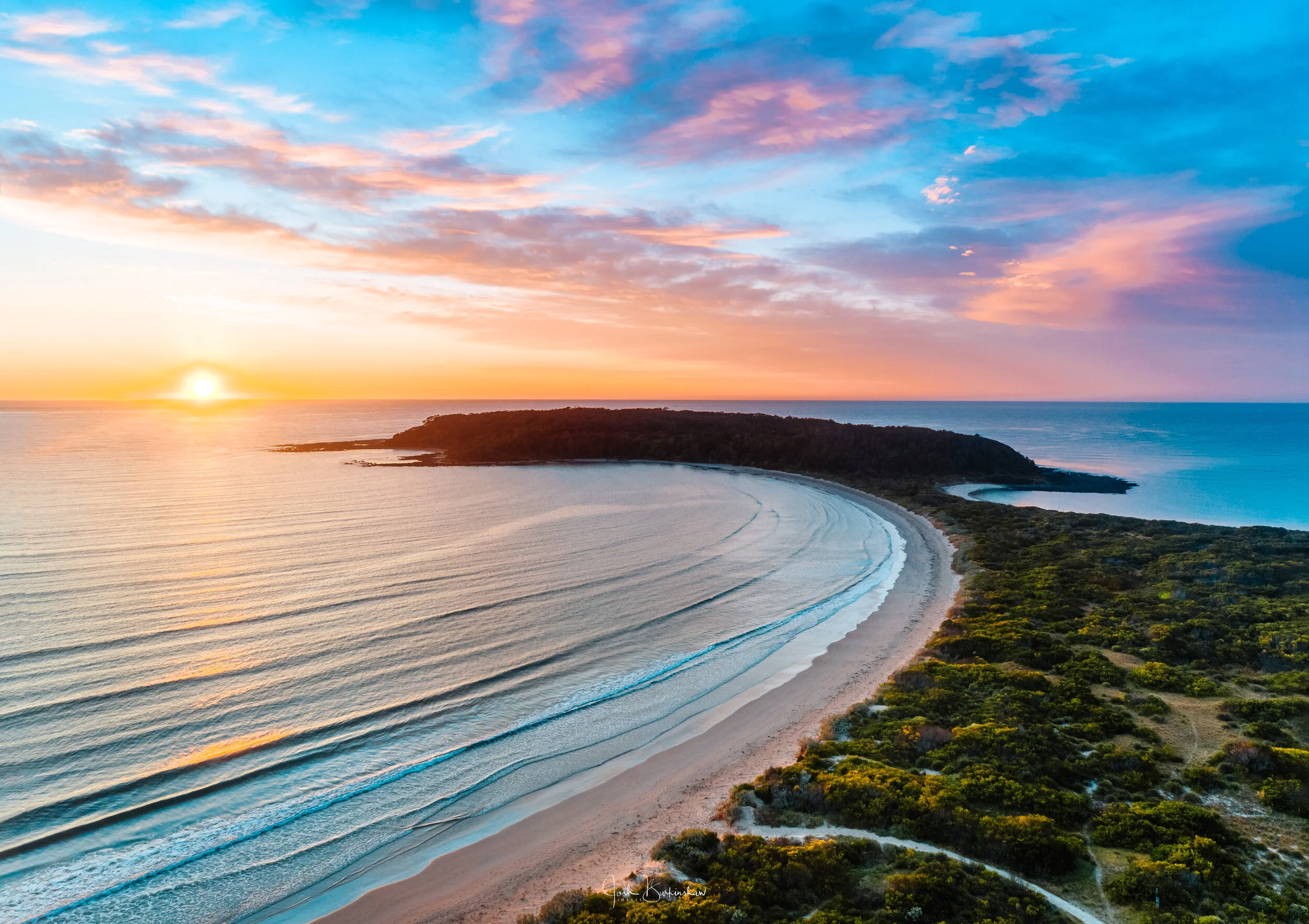 Broulee island at sunrise with a sky full of colour. — Josh Burkinshaw ...