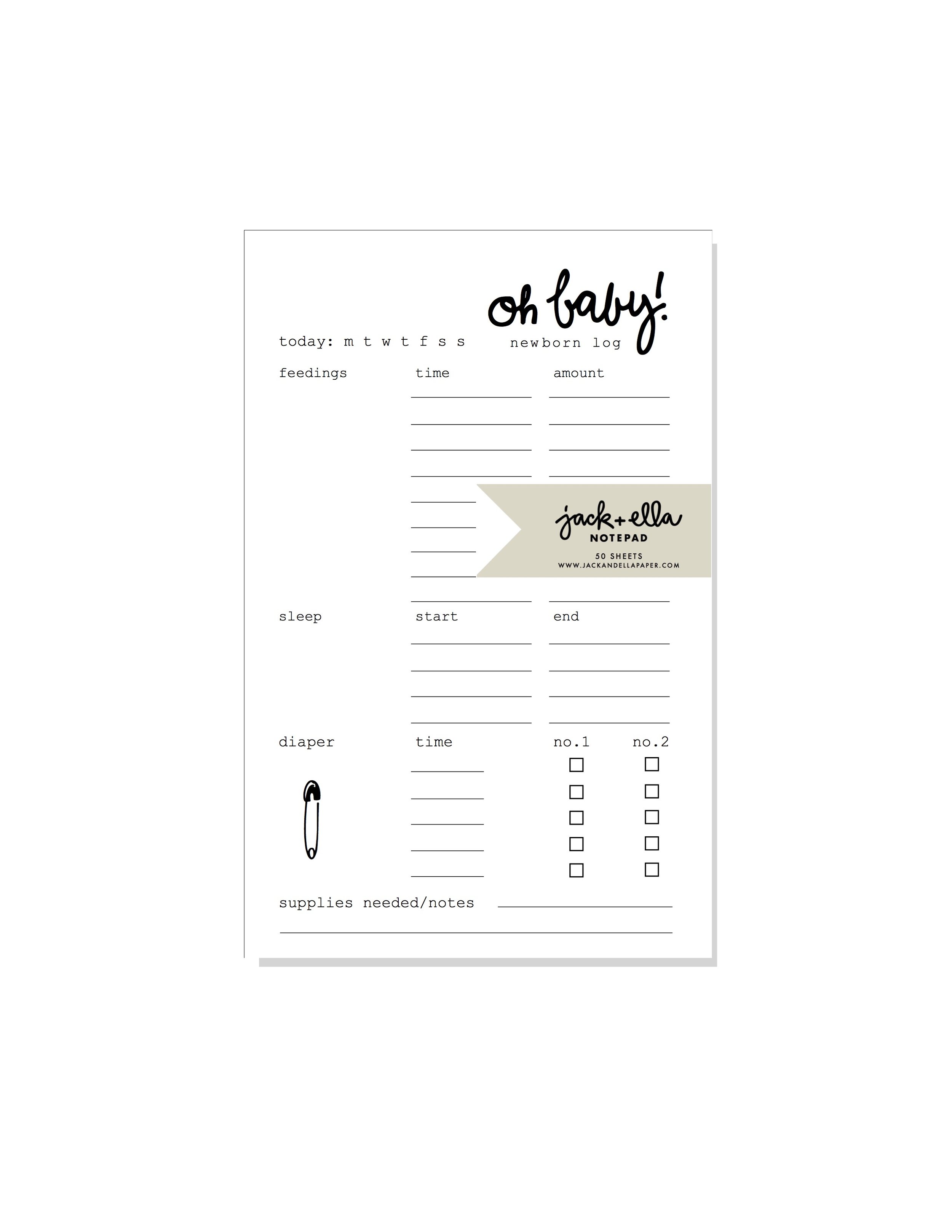 Notepad: Newborn Baby Log (feeding + napping log) — jack + ella paper