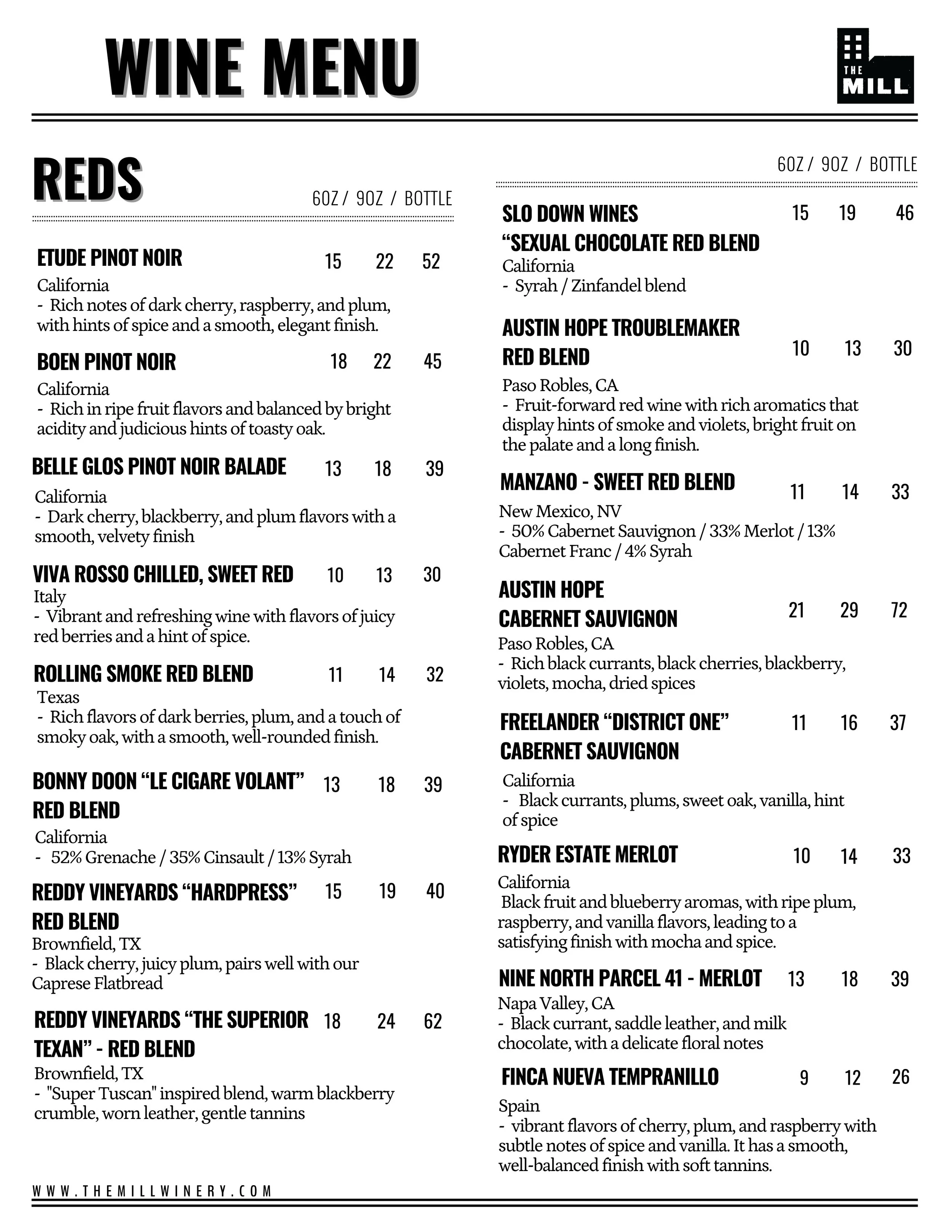 Menu — The Mill Wine Bar & Event Venue