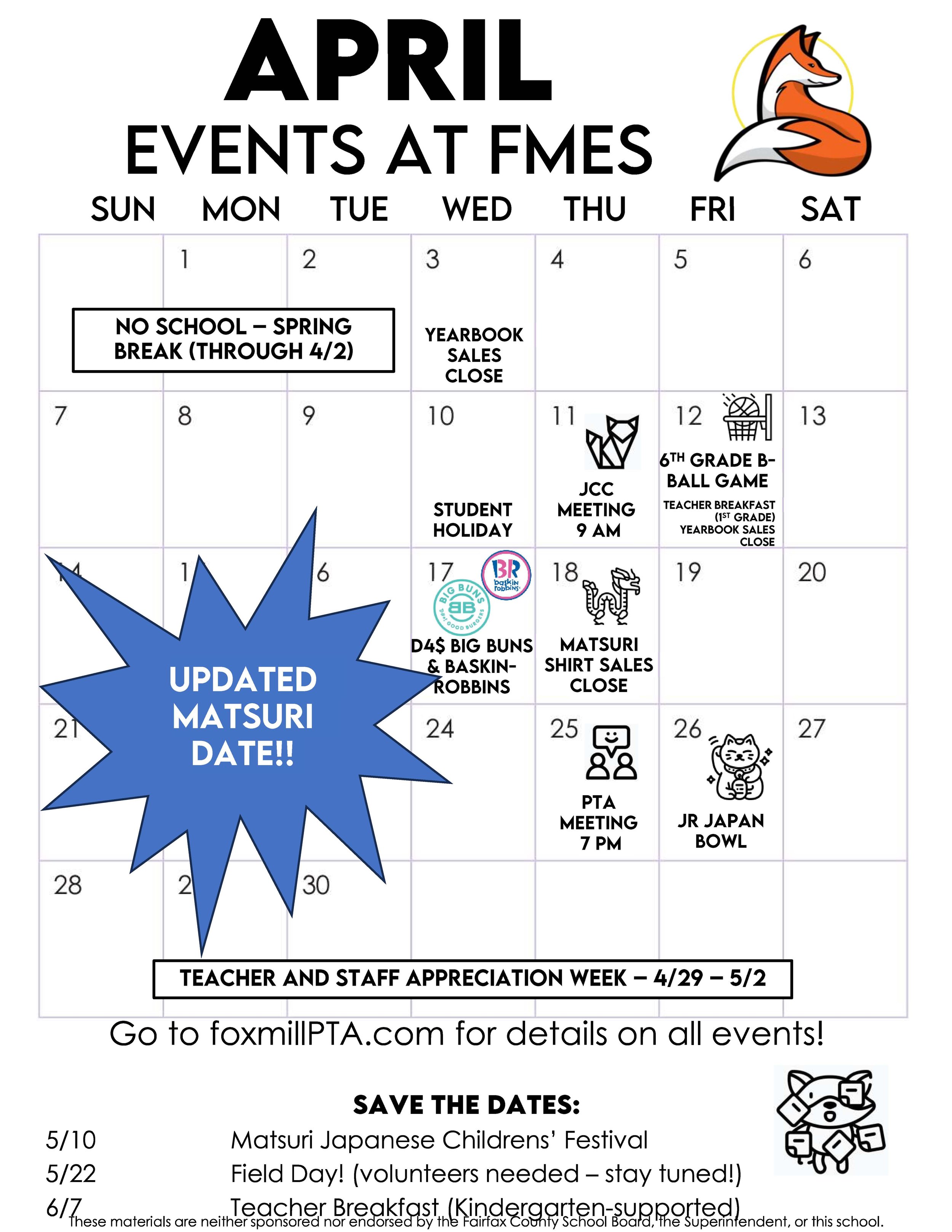 Updated April PTA Calendar! — Fox Mill Pta