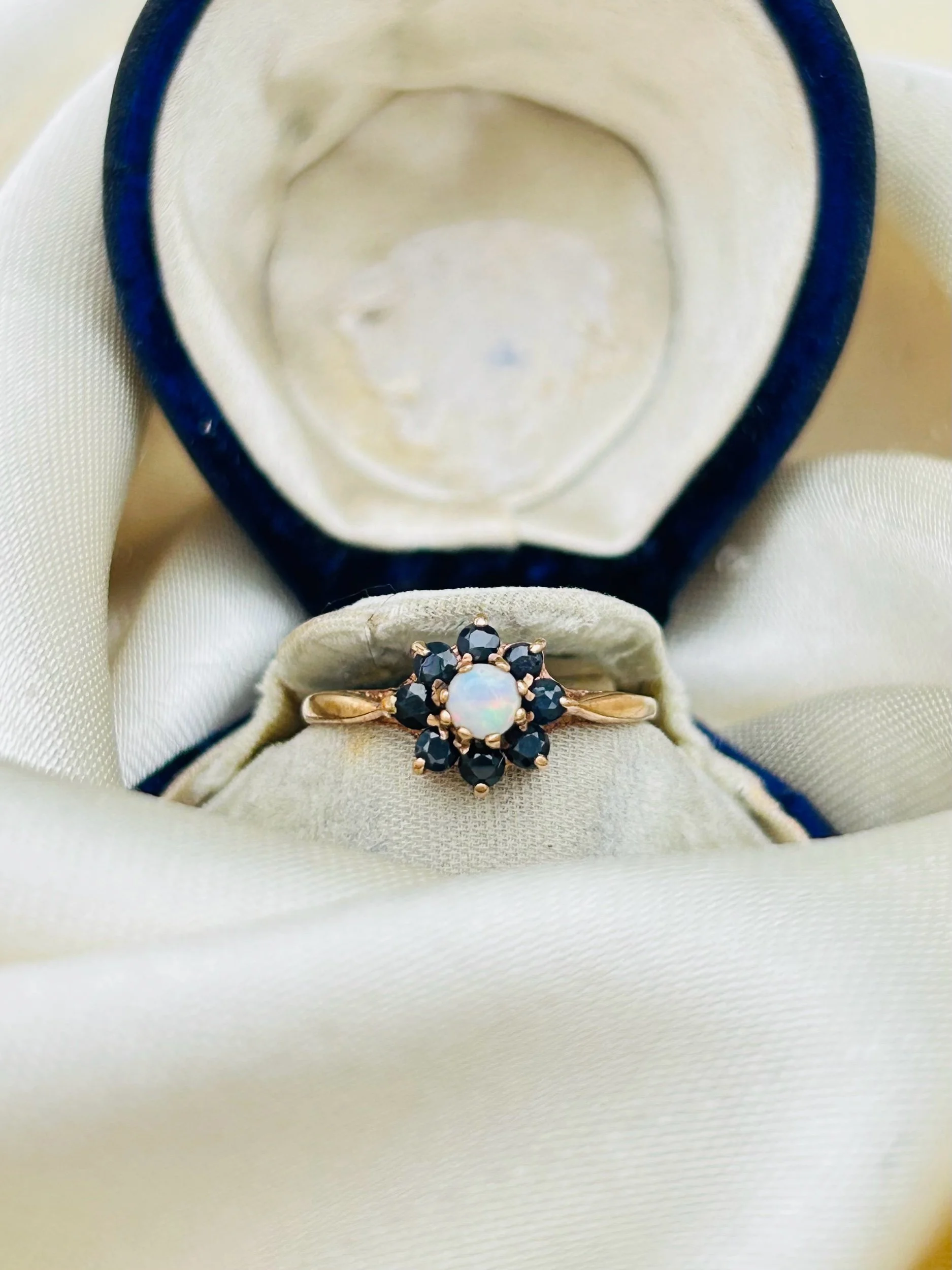 Art Deco 18ct White Gold Sapphire and Diamond Halo Ring — Gembank1973