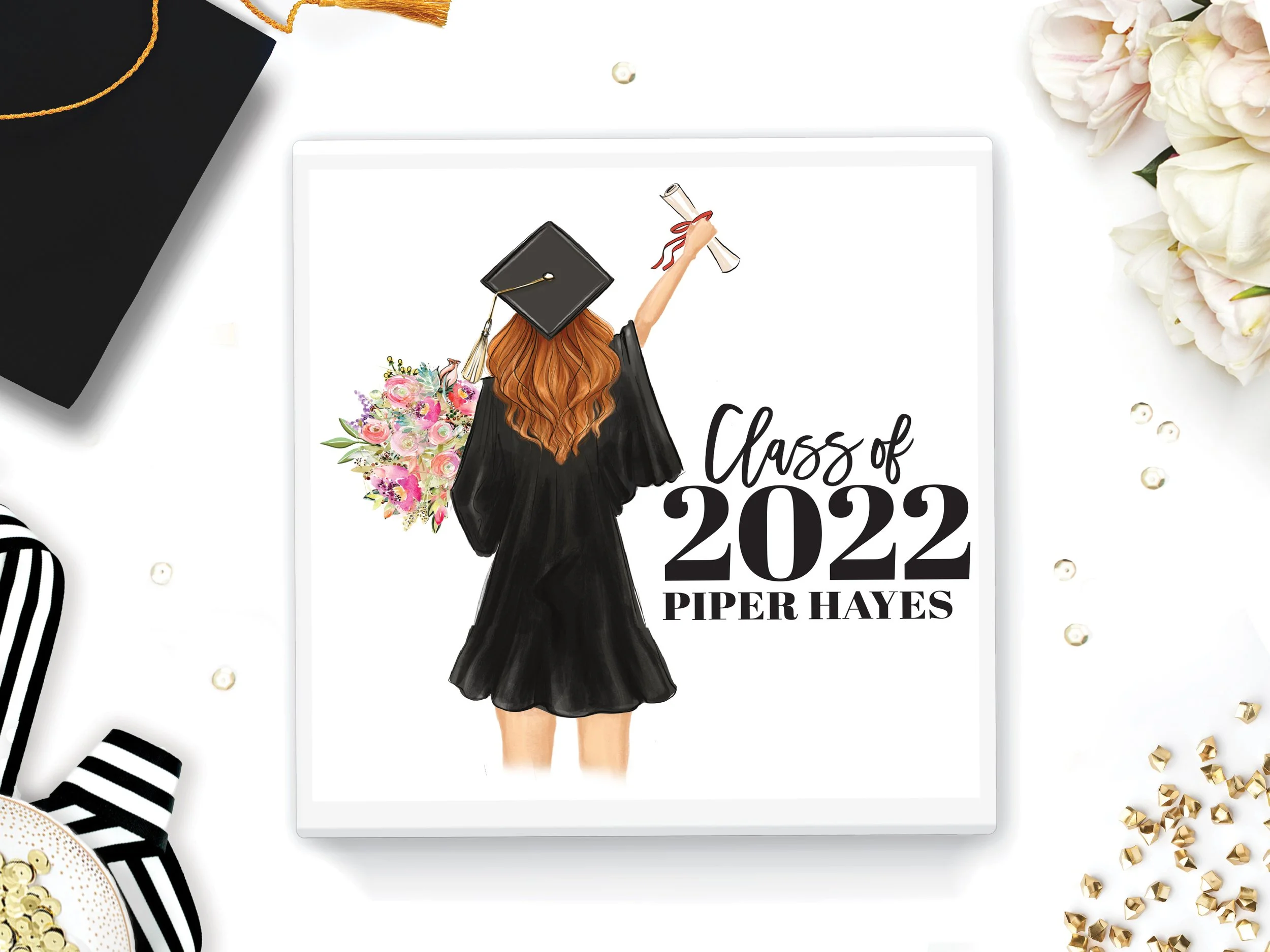 Square Graduation Illustration Gift Box — White Confetti Box