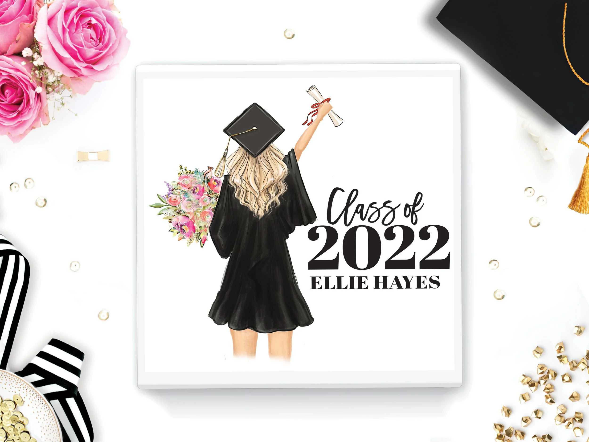 Square Graduation Illustration Gift Box — White Confetti Box