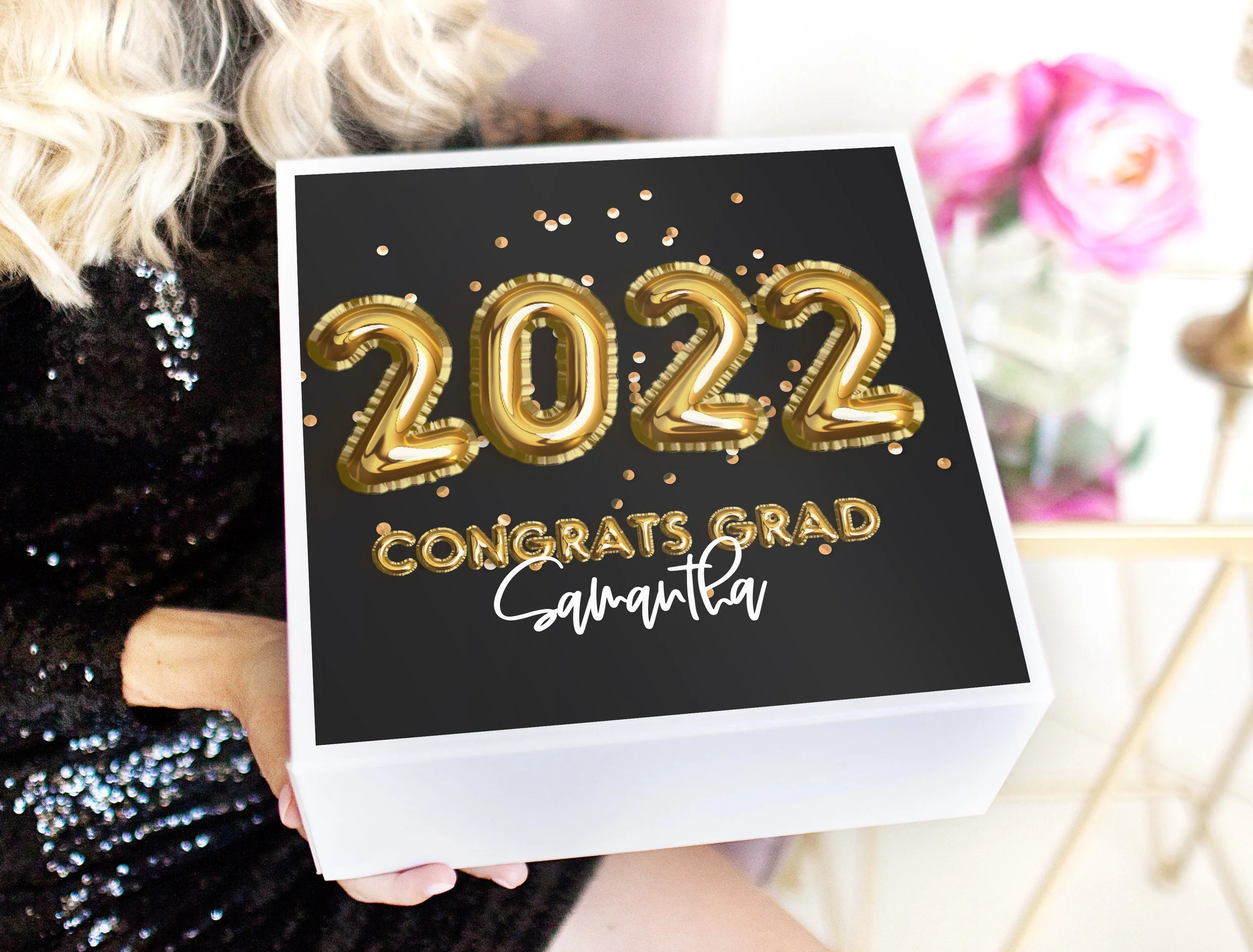 Square Graduation Gift Box — White Confetti Box