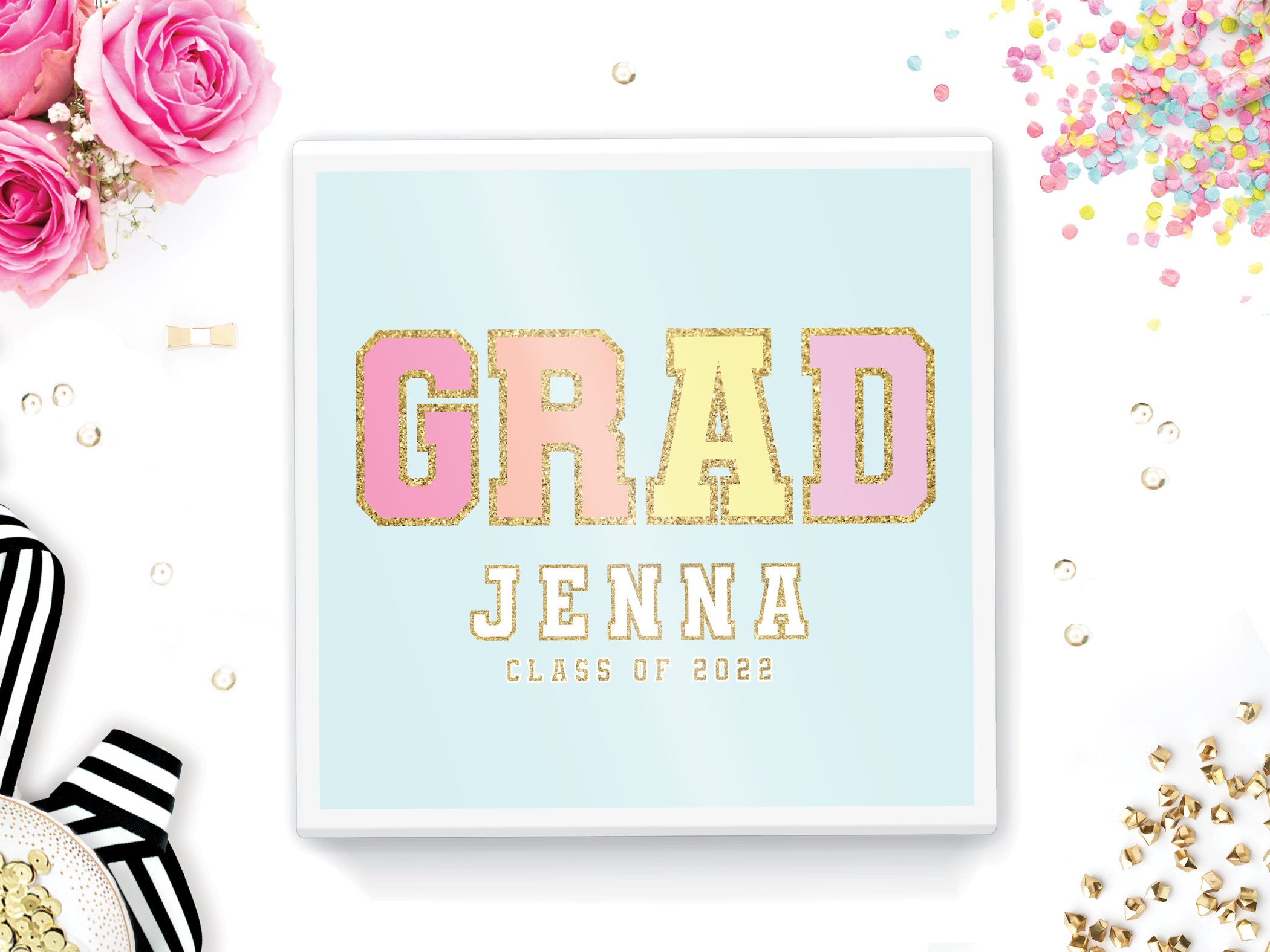 Square Graduation Gift Box — White Confetti Box