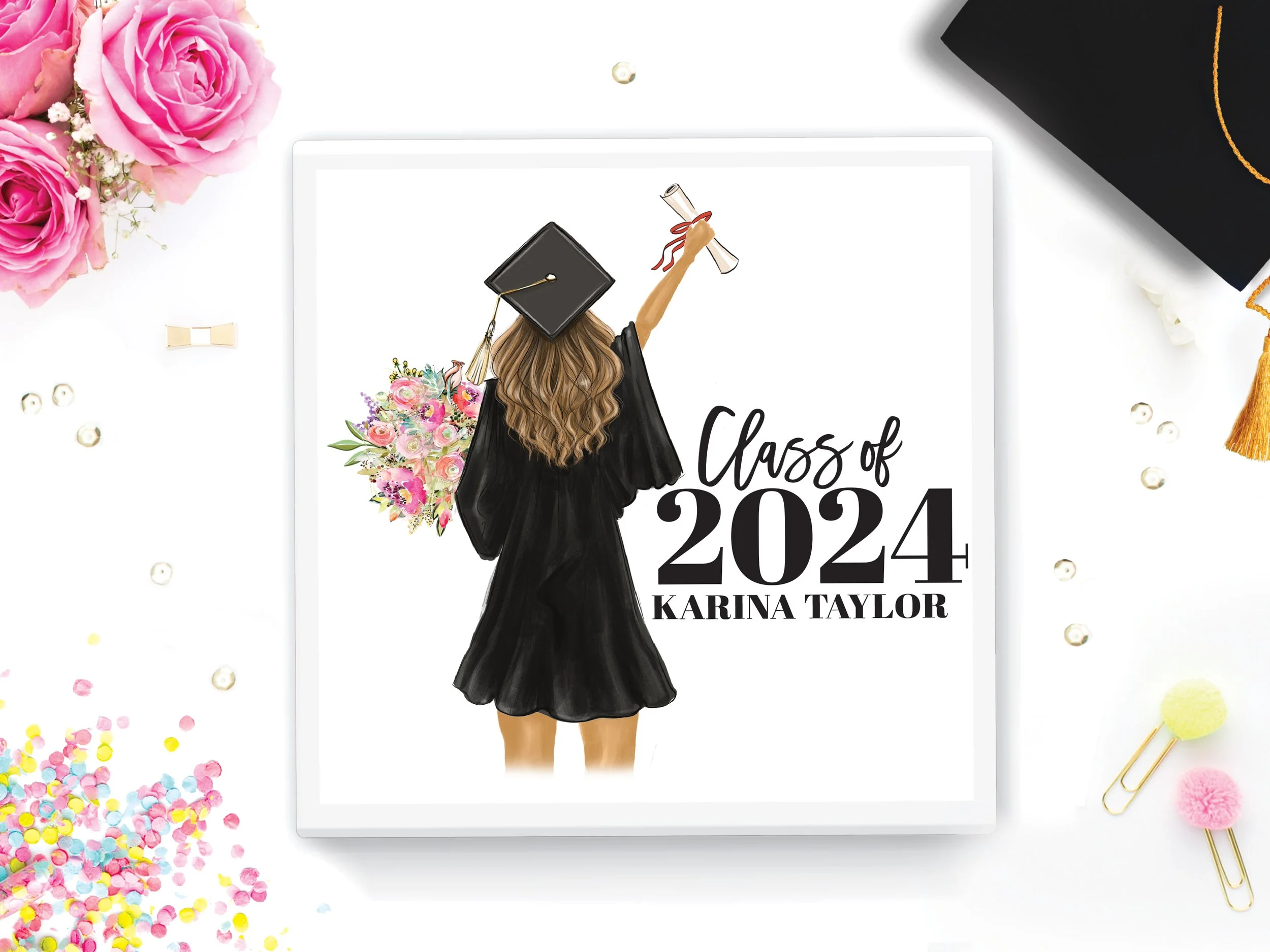 Square Graduation Illustration Gift Box — White Confetti Box