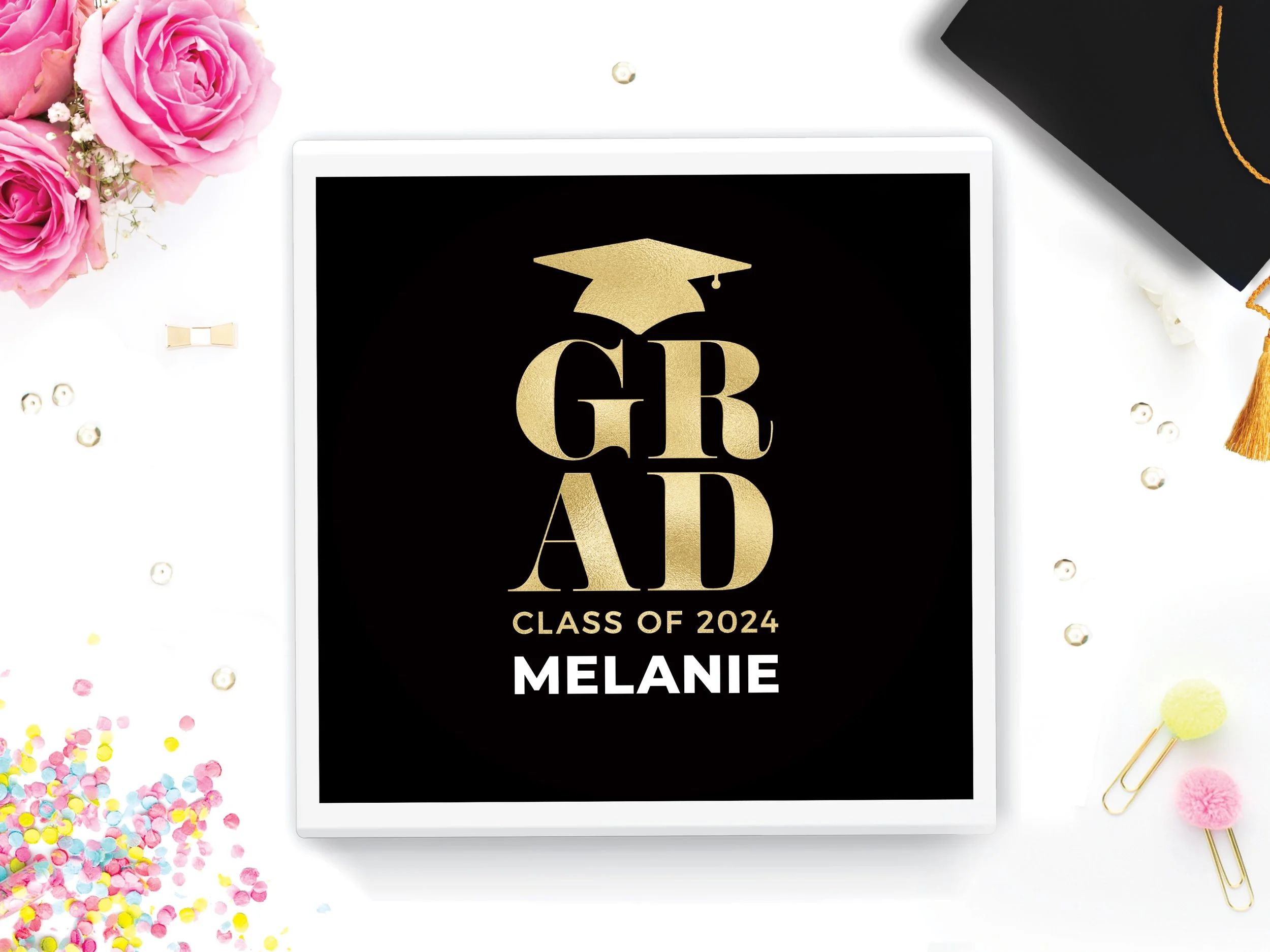 Square Graduation Gift Box — White Confetti Box