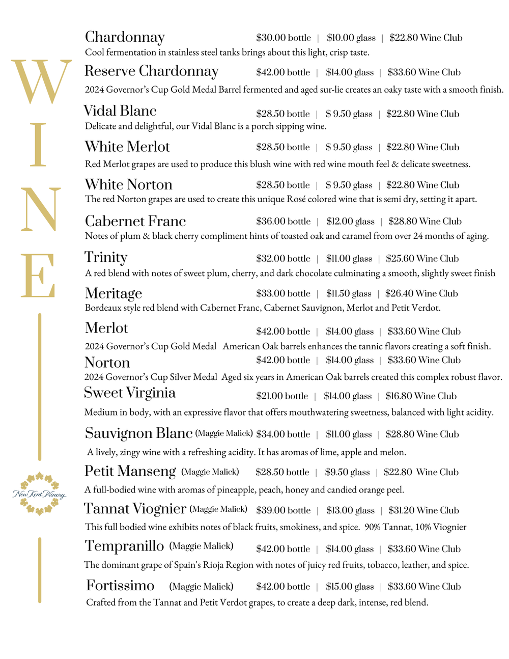 Menus — New Kent Winery