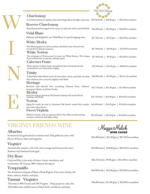 Menus — New Kent Winery