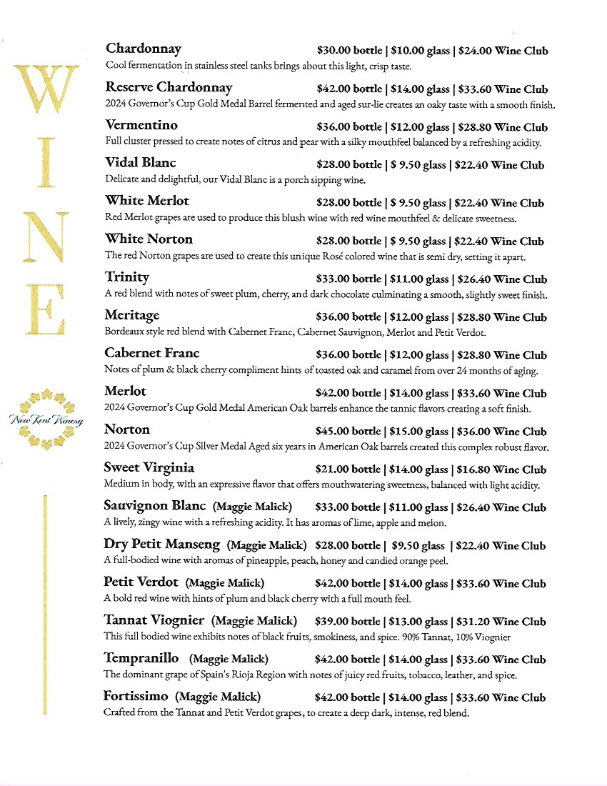 Menus — New Kent Winery