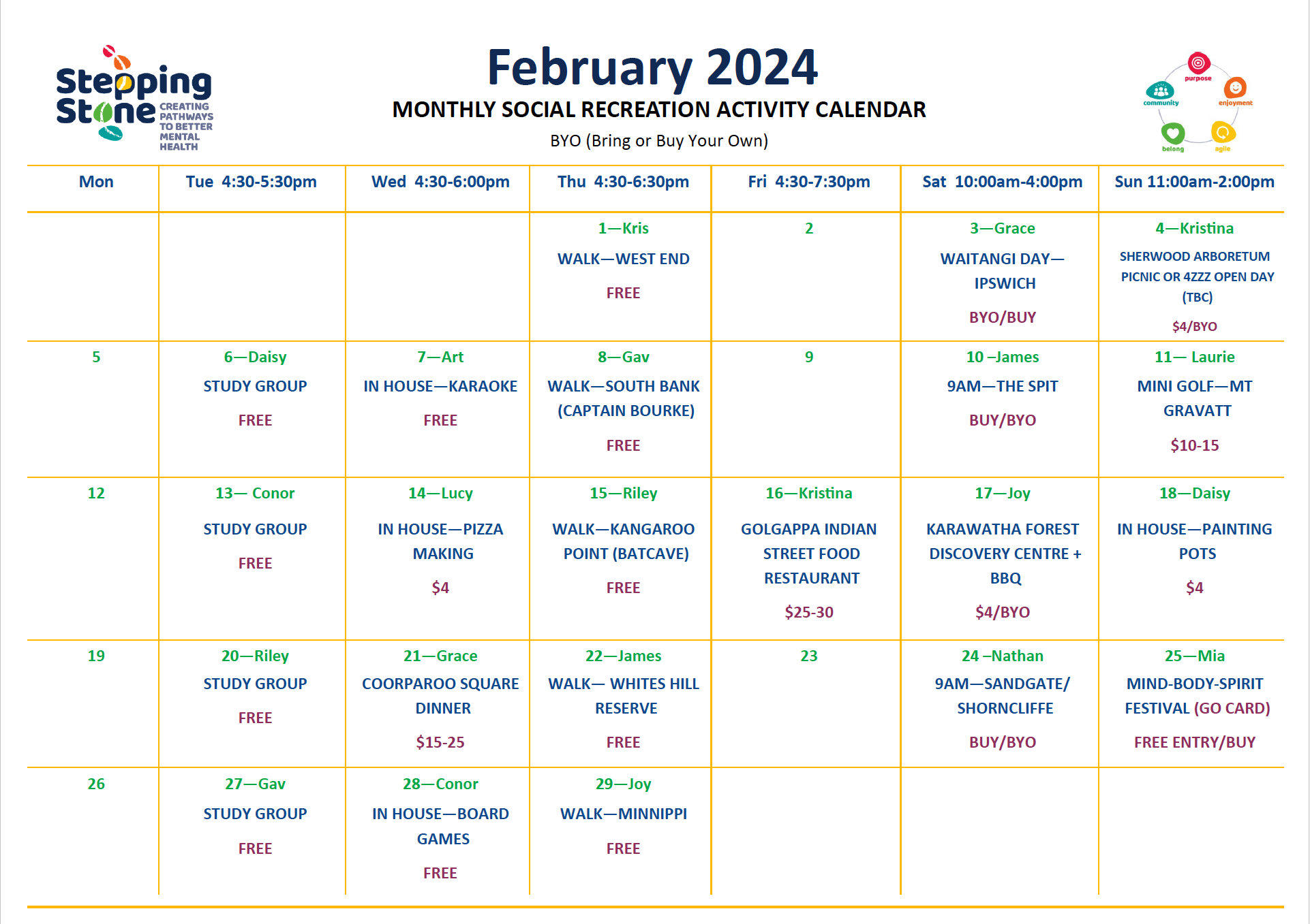 Social Recreation Calendar — Stepping Stone Clubhouse