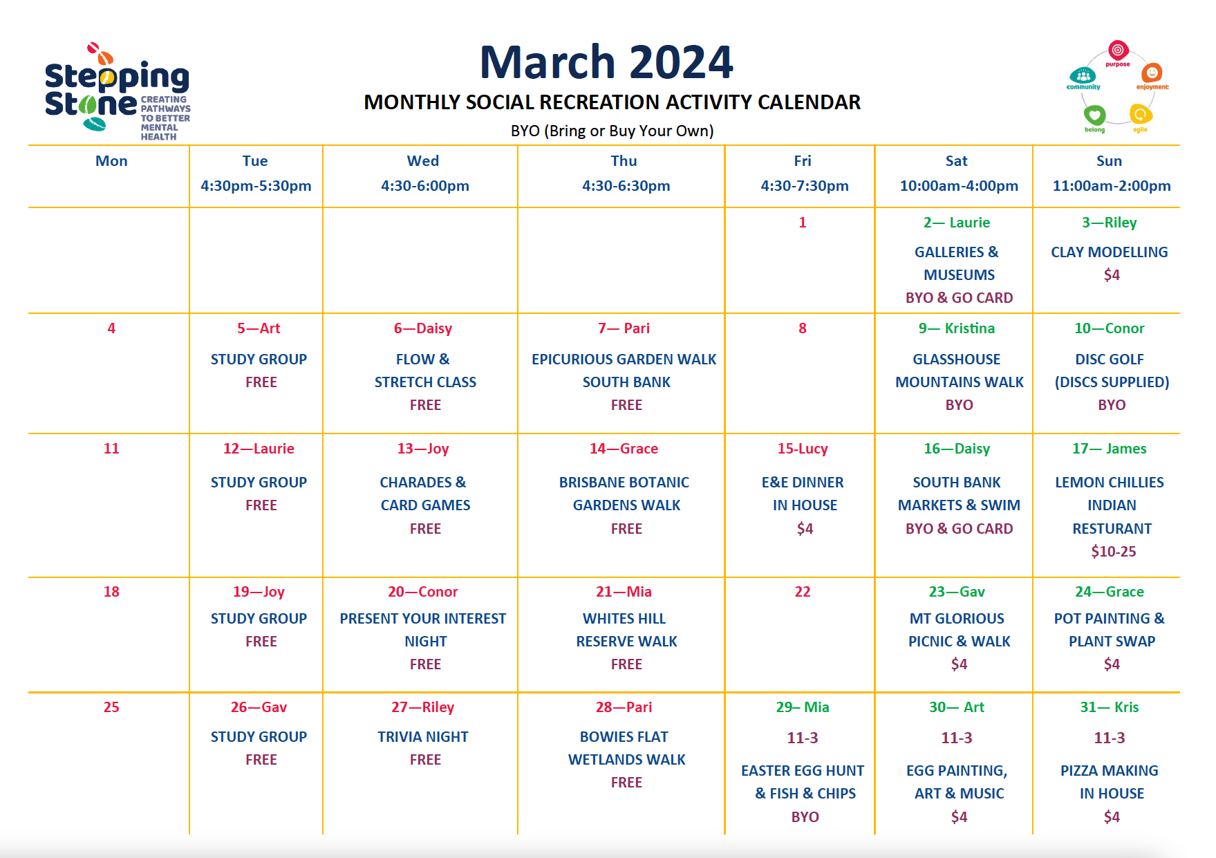 Social Recreation Calendar — Stepping Stone Clubhouse