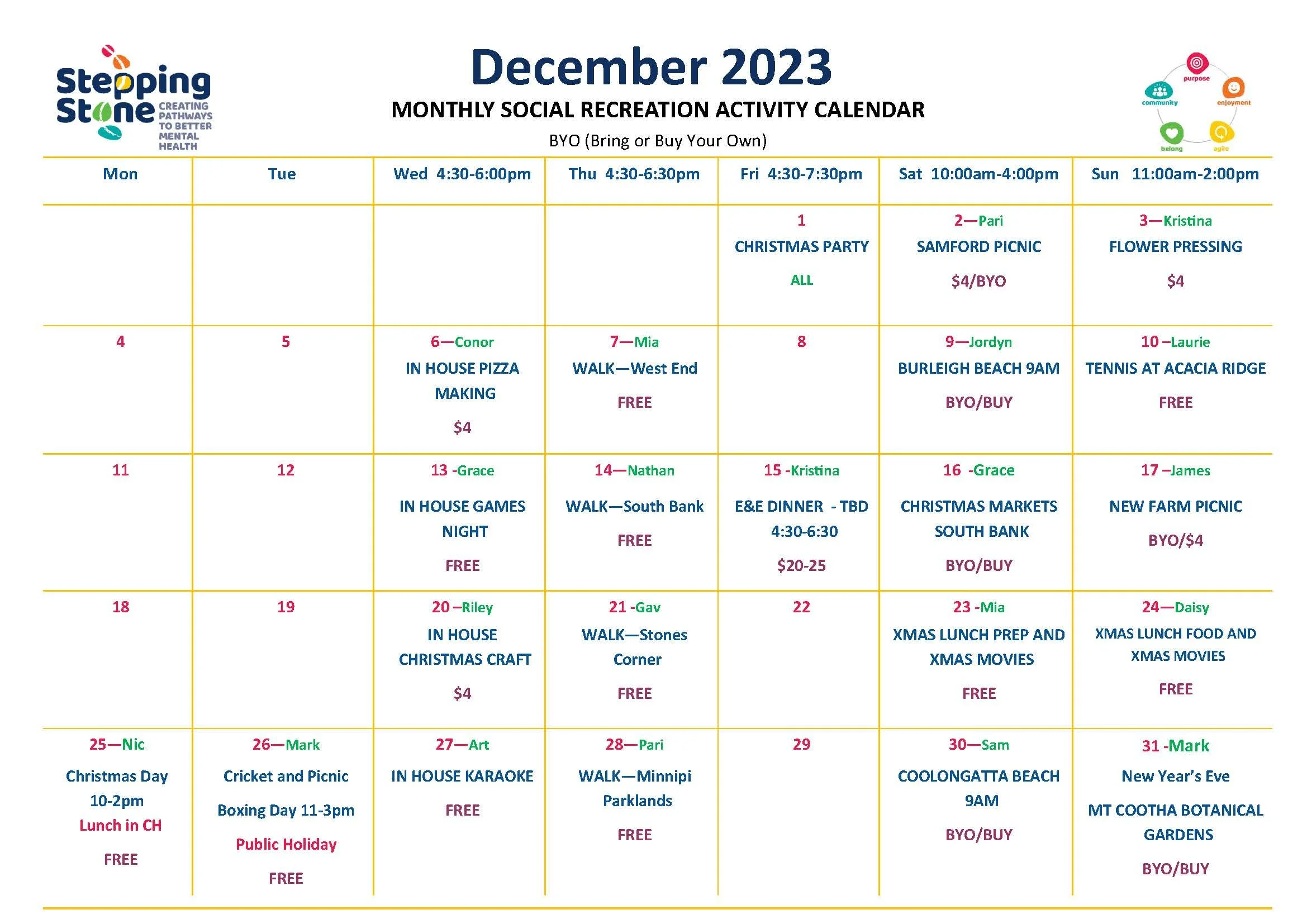 Social Recreation Calendar — Stepping Stone Clubhouse