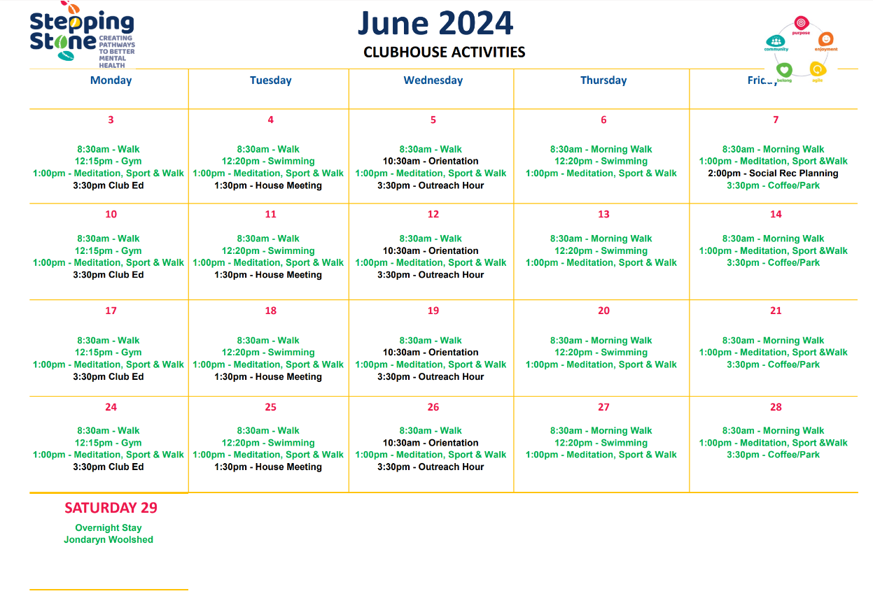 Social Recreation Calendar — Stepping Stone Clubhouse
