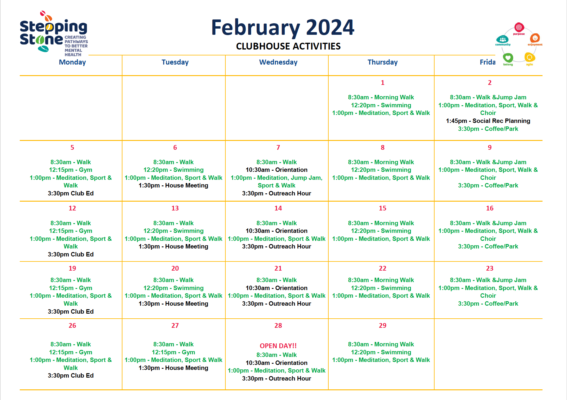Social Recreation Calendar — Stepping Stone Clubhouse