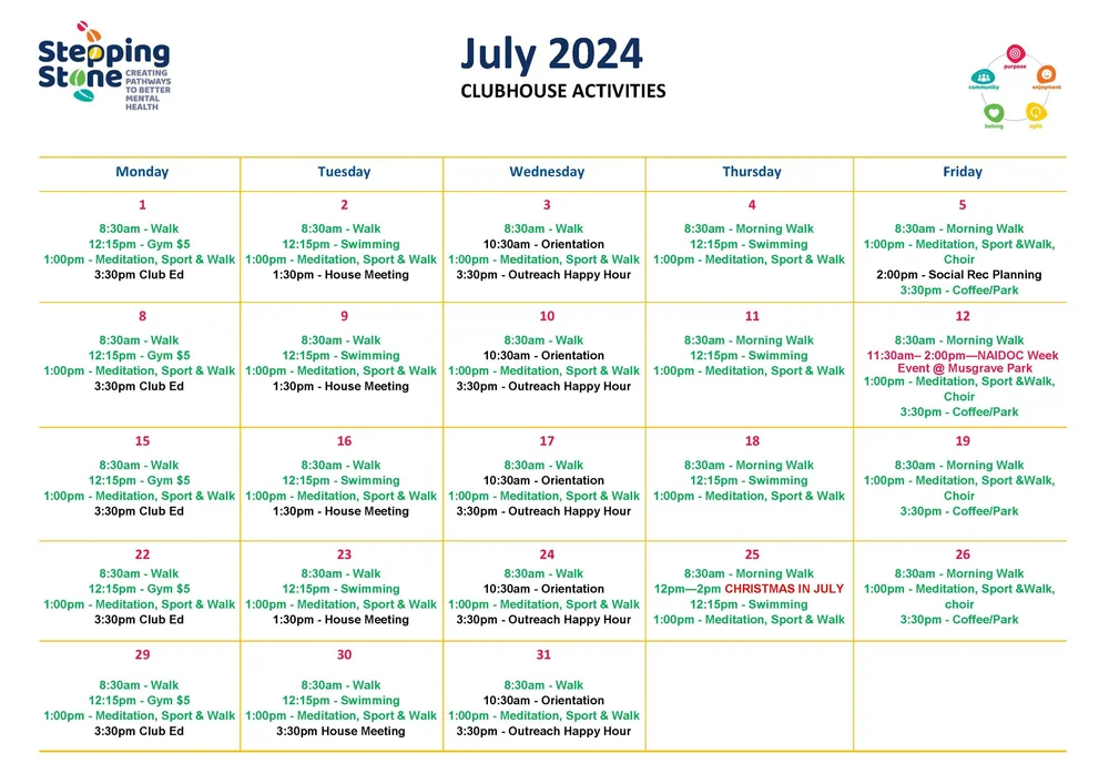 Social Recreation Calendar — Stepping Stone Clubhouse