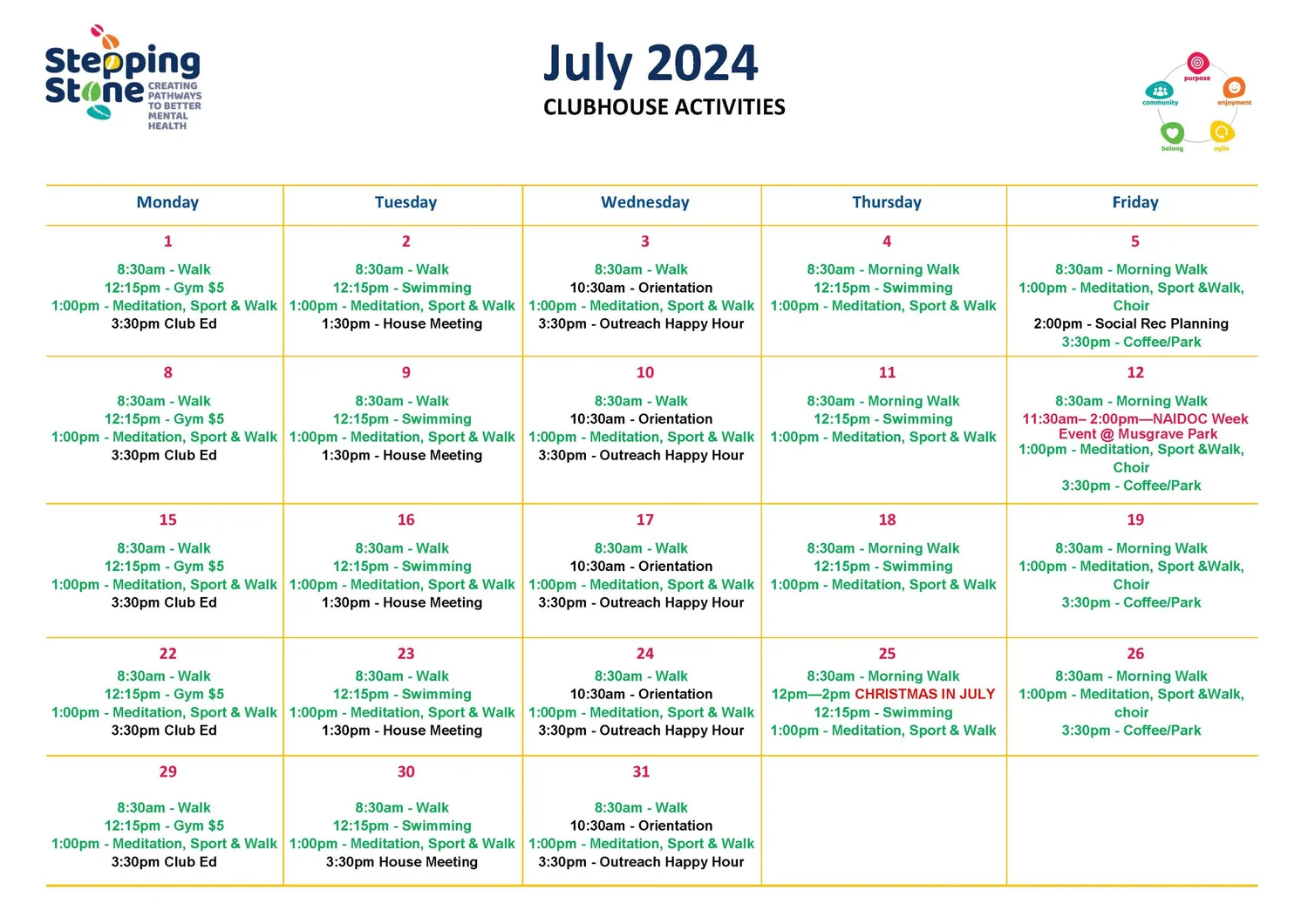 Social Recreation Calendar — Stepping Stone Clubhouse