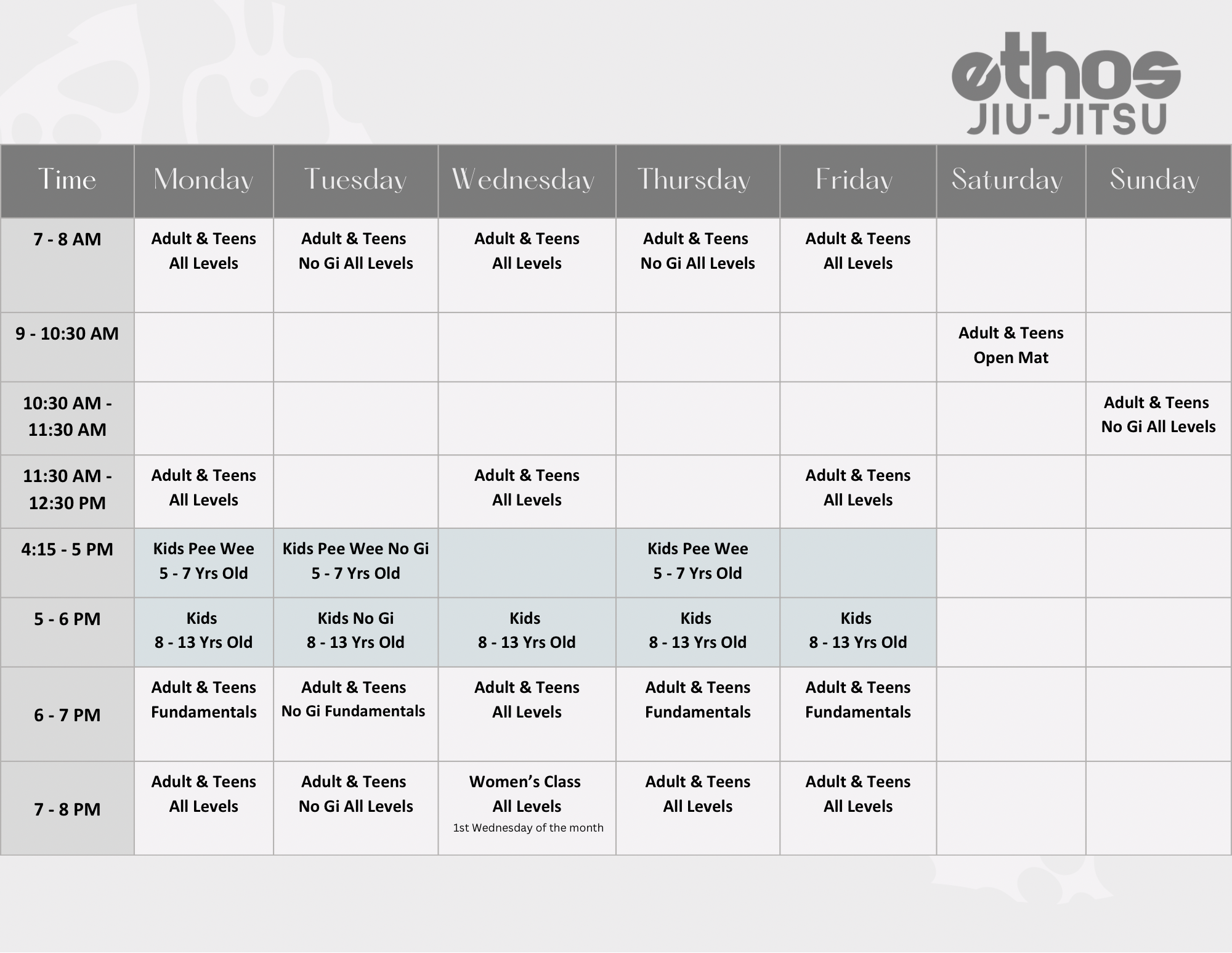 SCHEDULE — Ethos Jiu-Jitsu