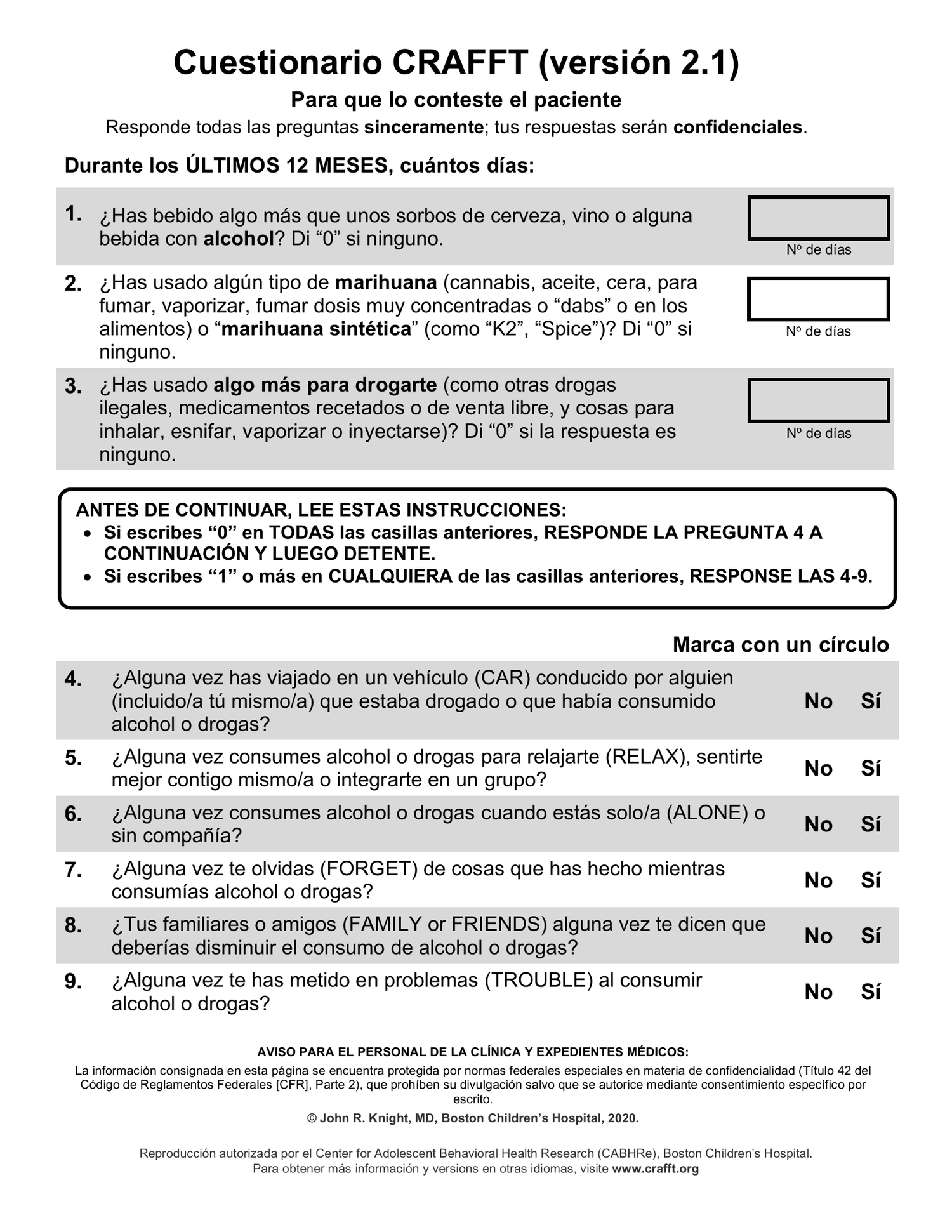 Cuestionario CRAFFT 2.1 - CRAFFT Questionnaire — MAPNET