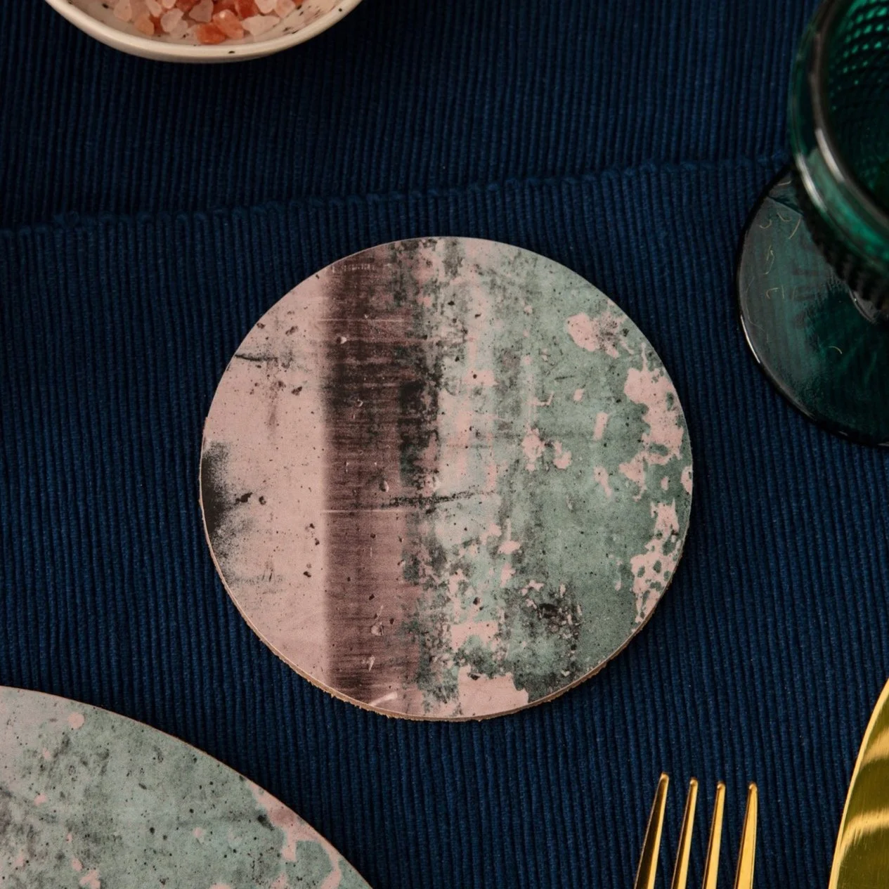 RUTH HOLLY — Dusky pink and jade green, round coaster, 'Goddess Emerald ...