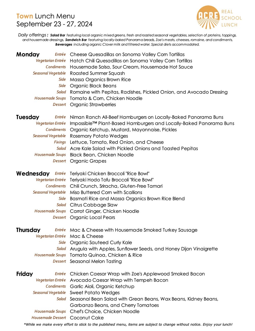 Town Weekly Menu — ACRE