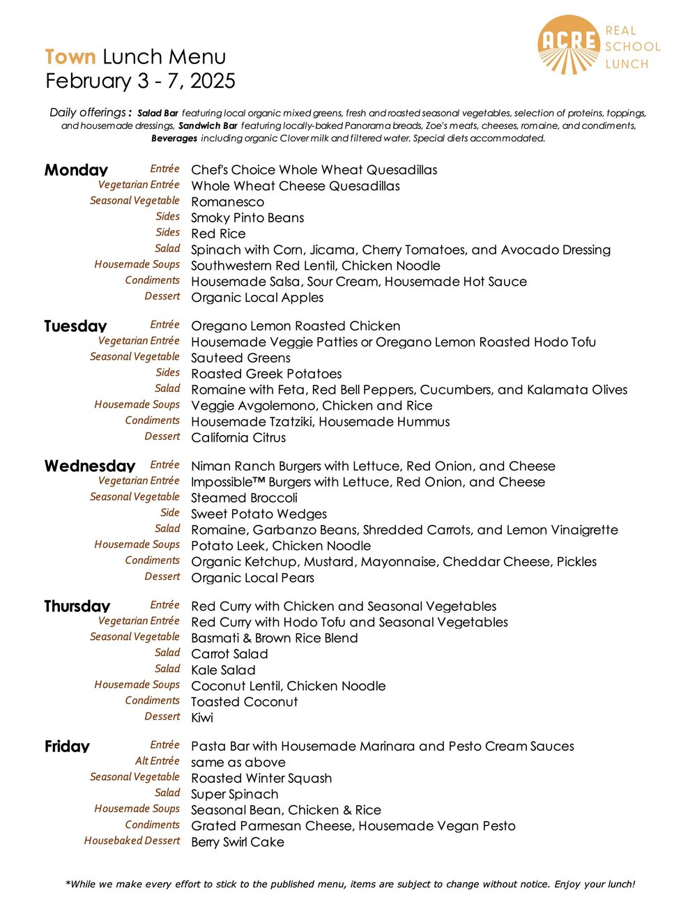 Town Weekly Menu — ACRE