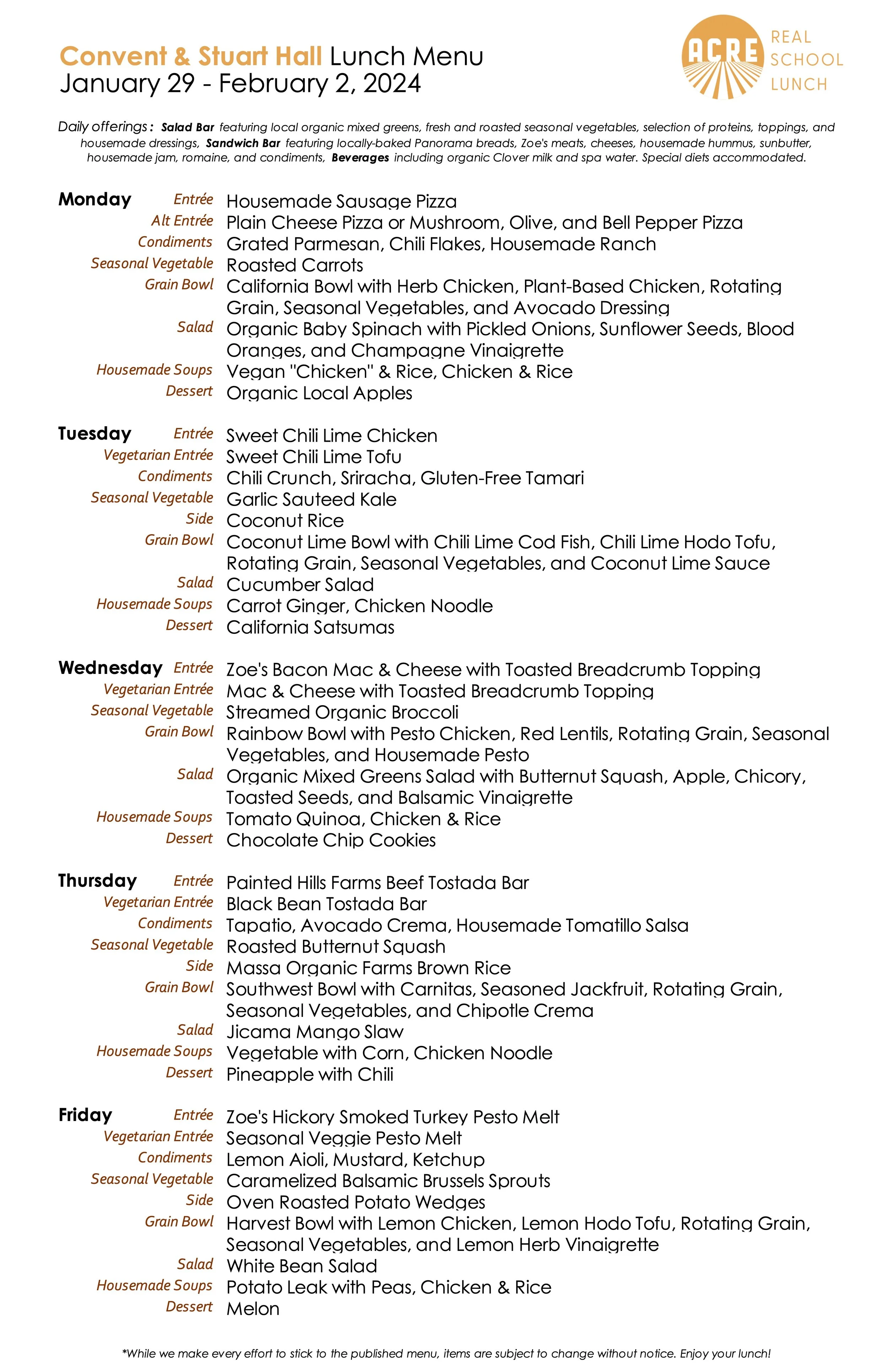 Convent & Stuart Hall Weekly Menu — ACRE