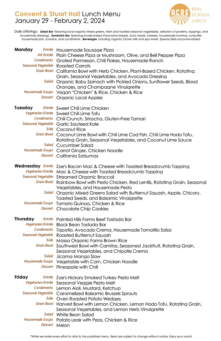 Convent & Stuart Hall Weekly Menu — ACRE