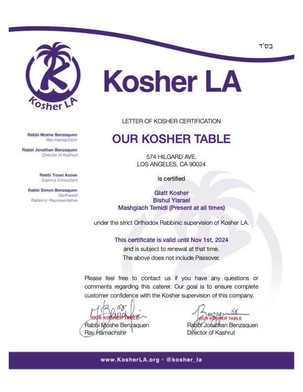 Kosher Certificate — OUR KOSHER TABLE