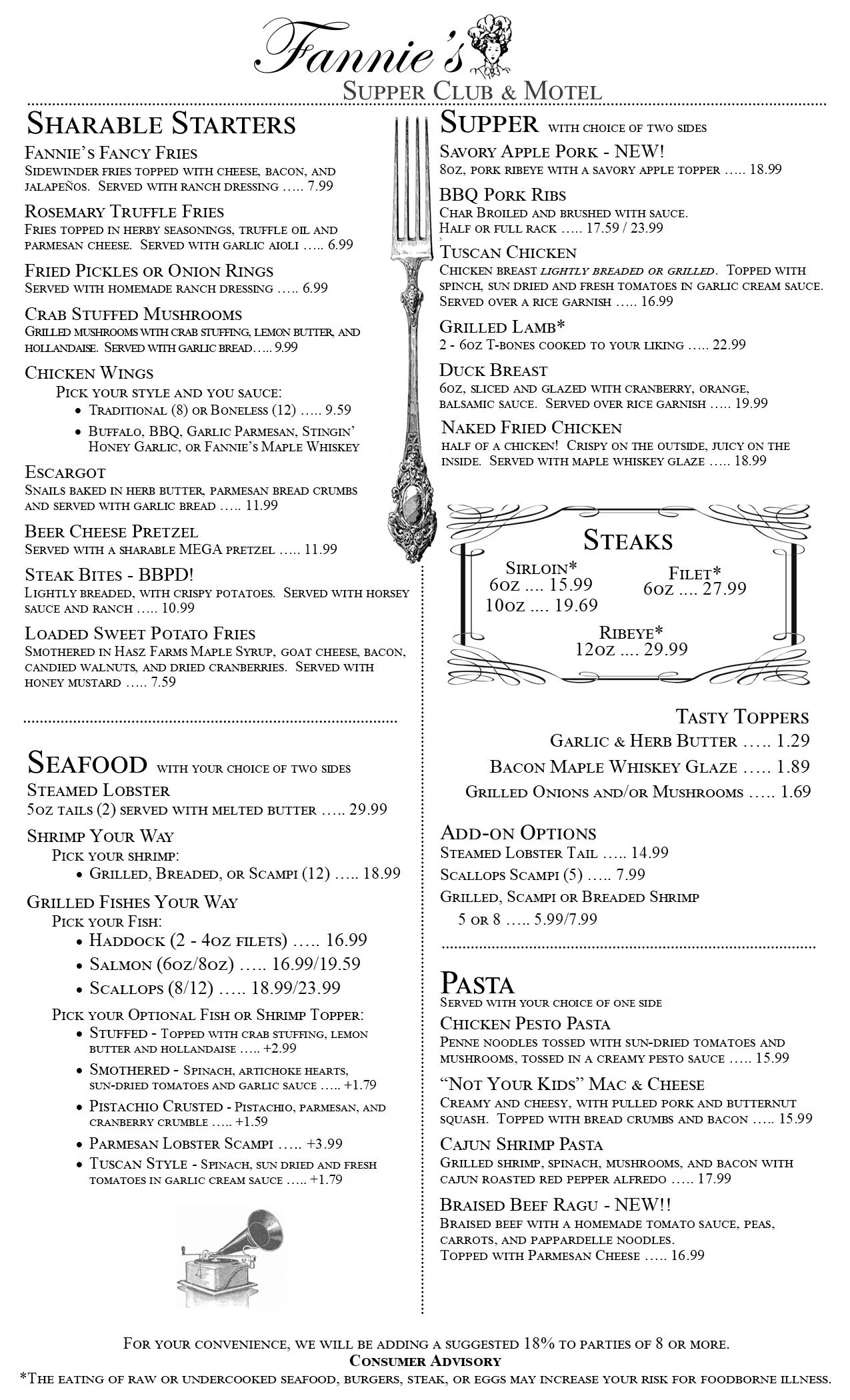 Dinner Menu — Fannie's Supper Club