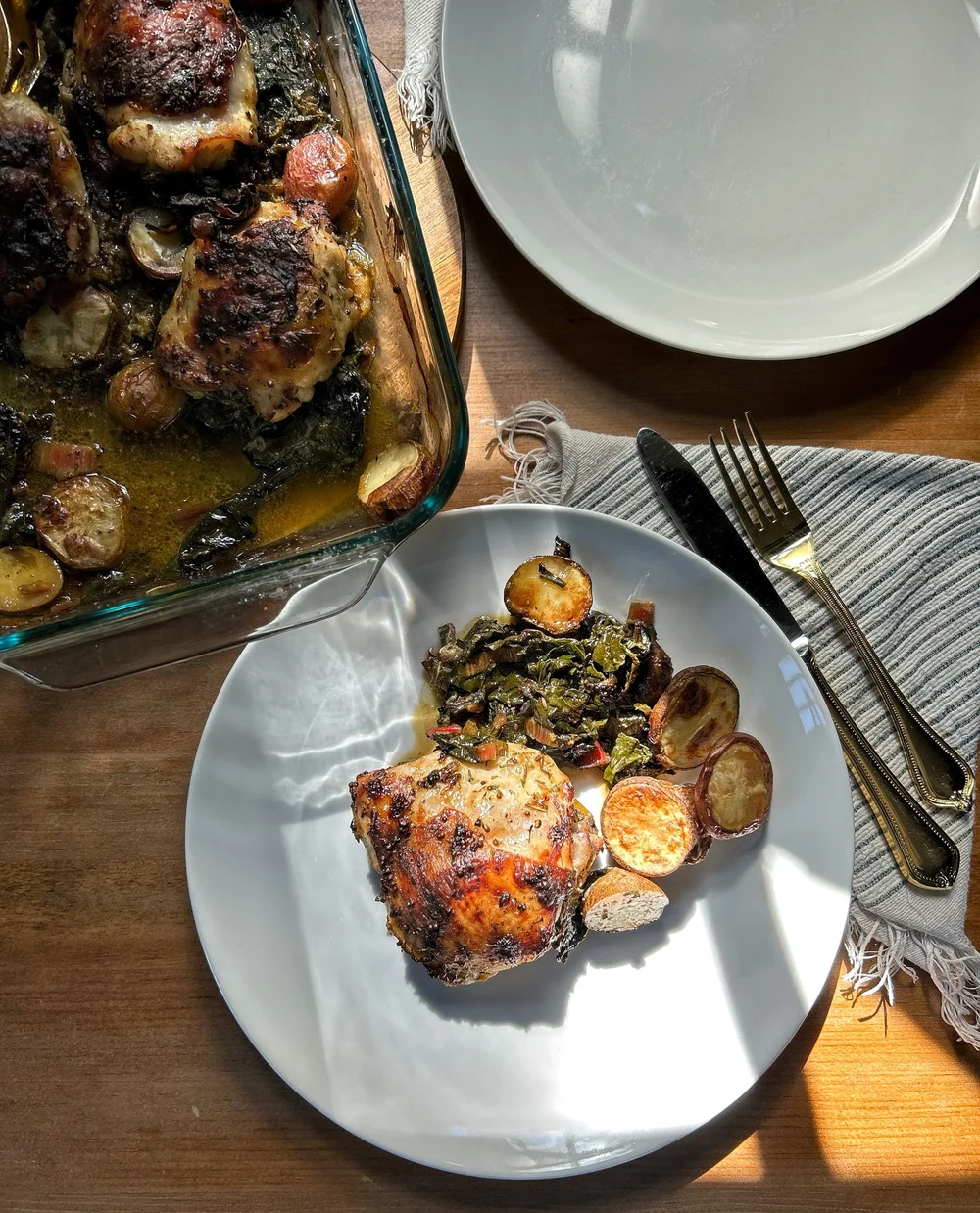 Mustardy Chicken Thighs with Braised Rainbow Chard and Roasted Potato ...