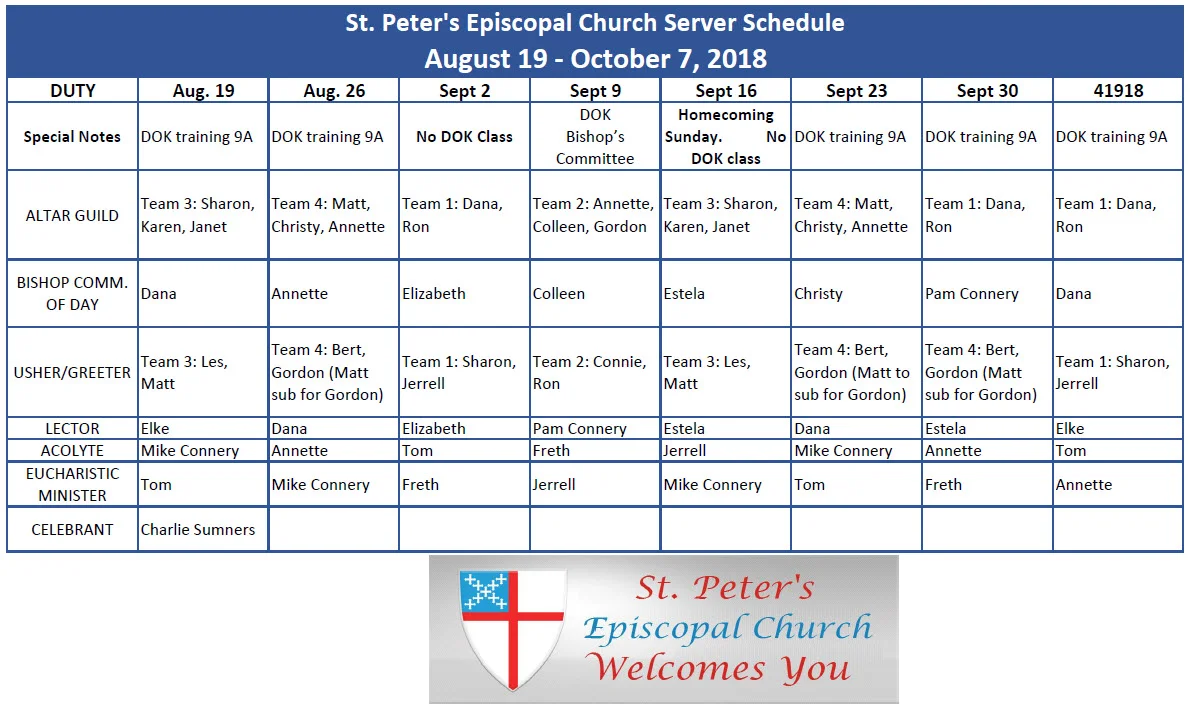 Ministry Schedule – St. Peters Lago Vista