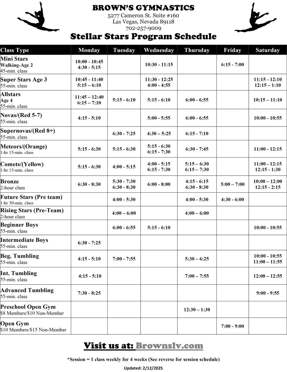 Recreational Class Schedule — Browns Gymnastics