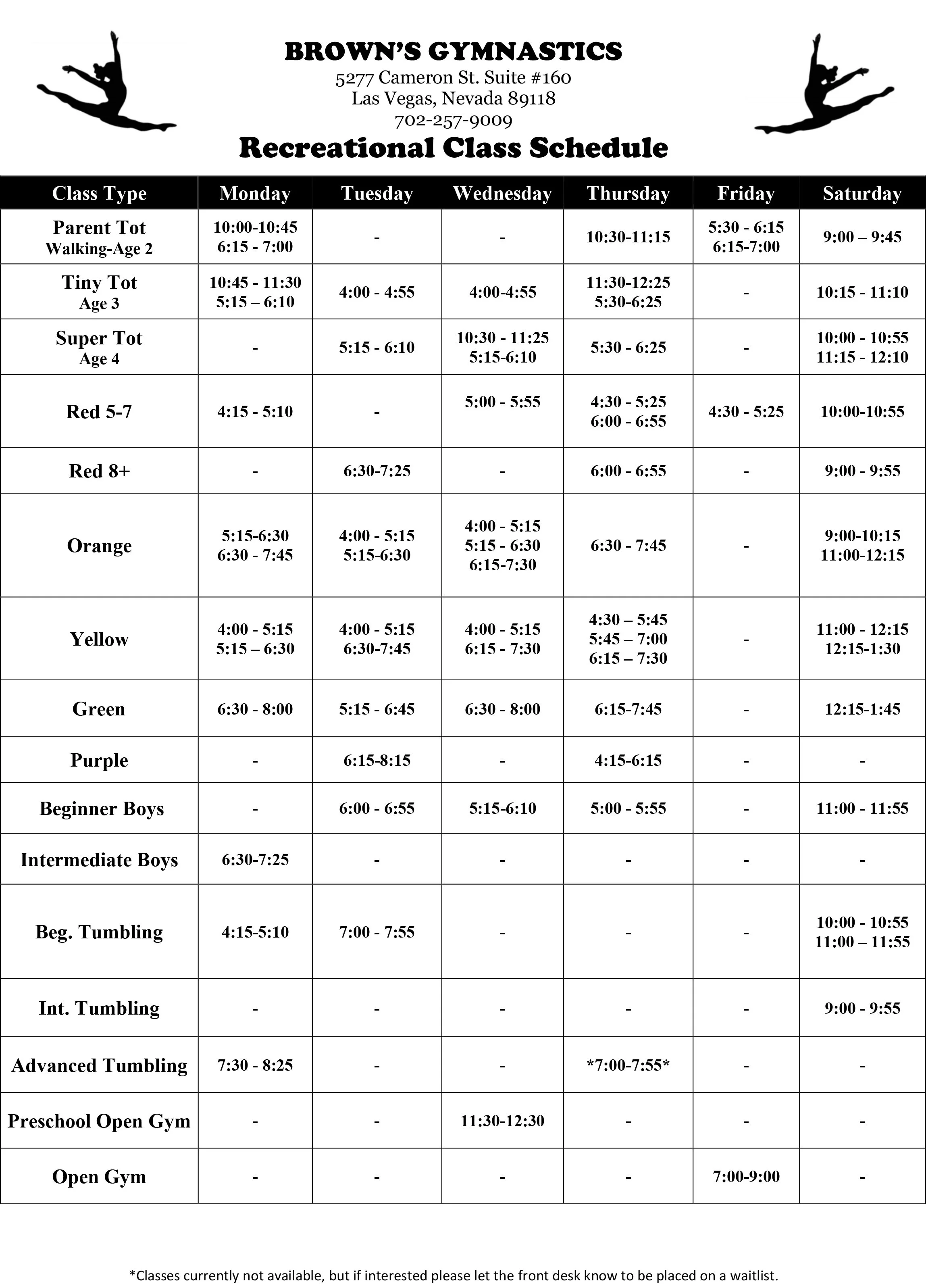 Recreational Class Schedule — Browns Gymnastics