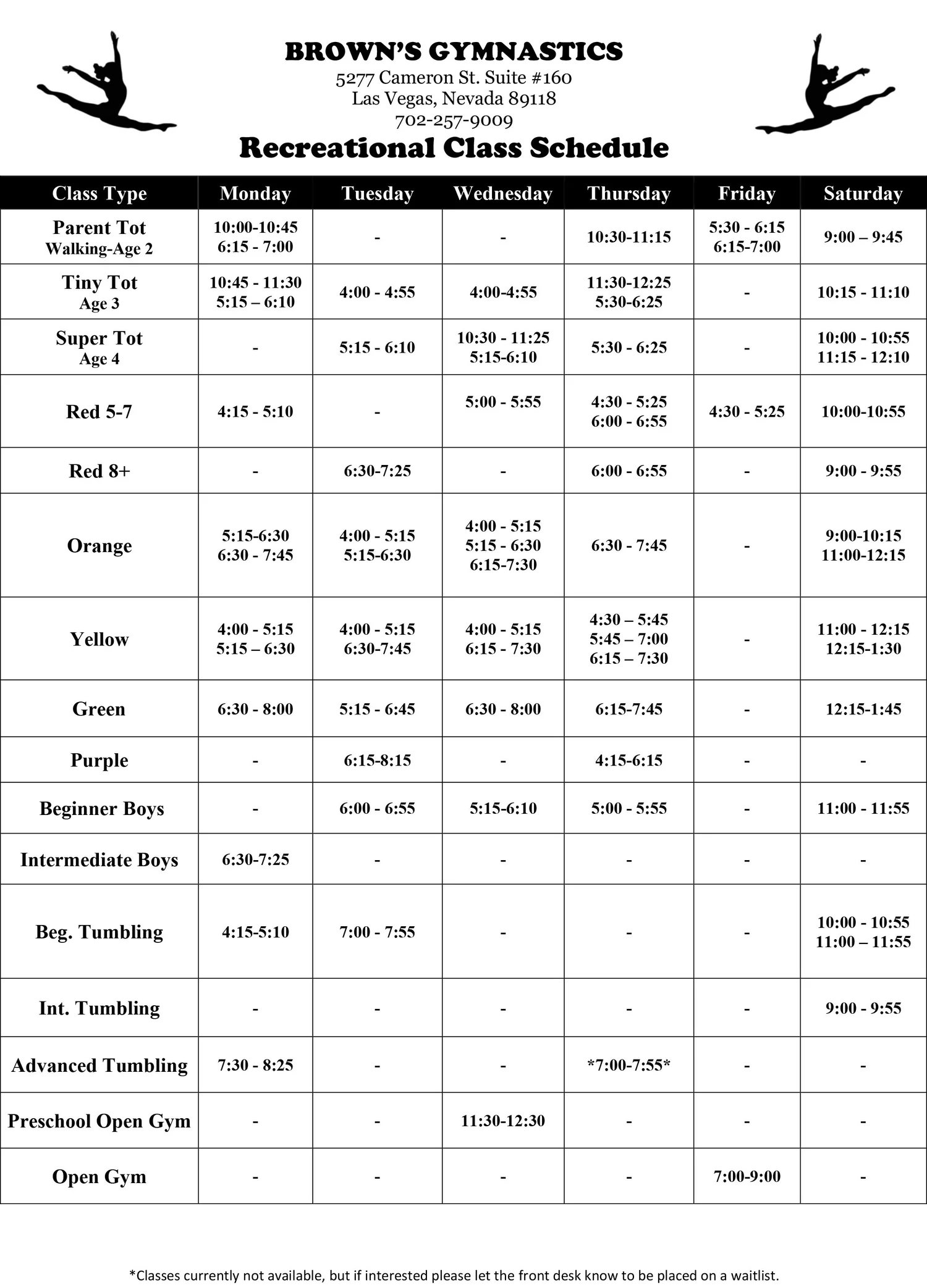 Recreational Class Schedule — Browns Gymnastics