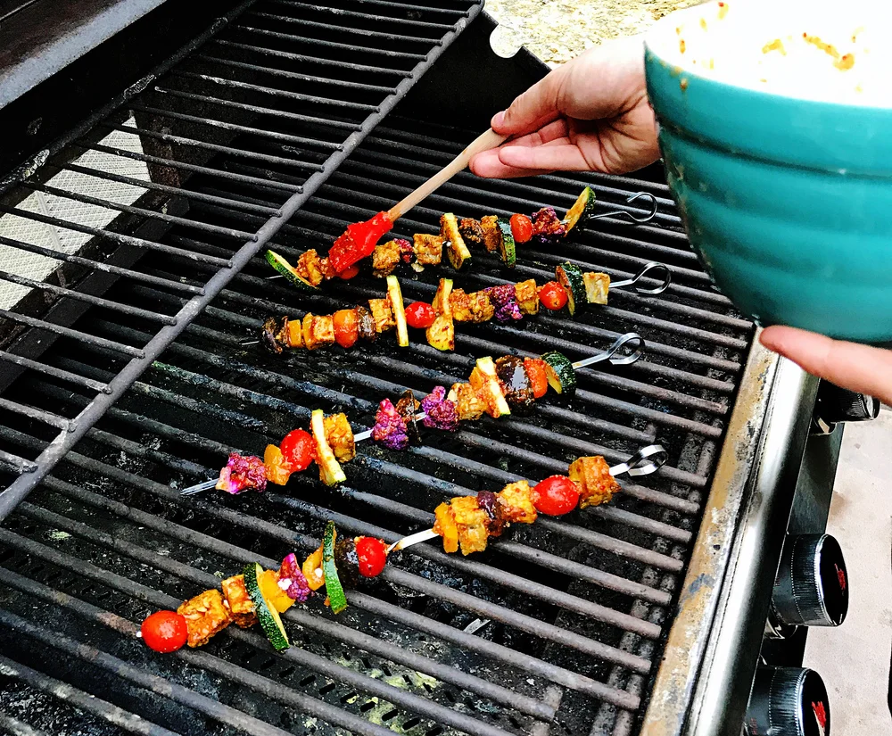 North Carolina Peach BBQ Rainbow Vegan Kebabs w/ Tempeh, Blue Potato ...