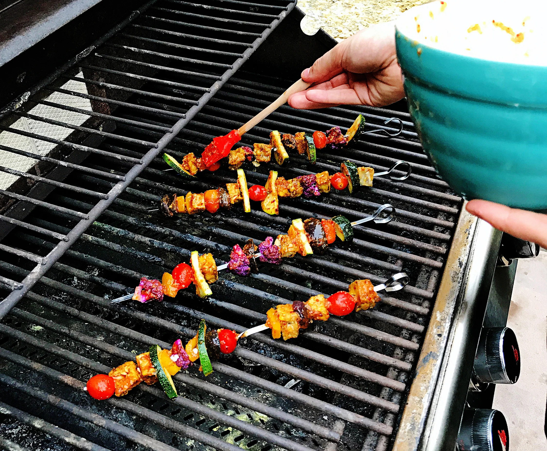 North Carolina Peach BBQ Rainbow Vegan Kebabs w/ Tempeh, Blue Potato ...